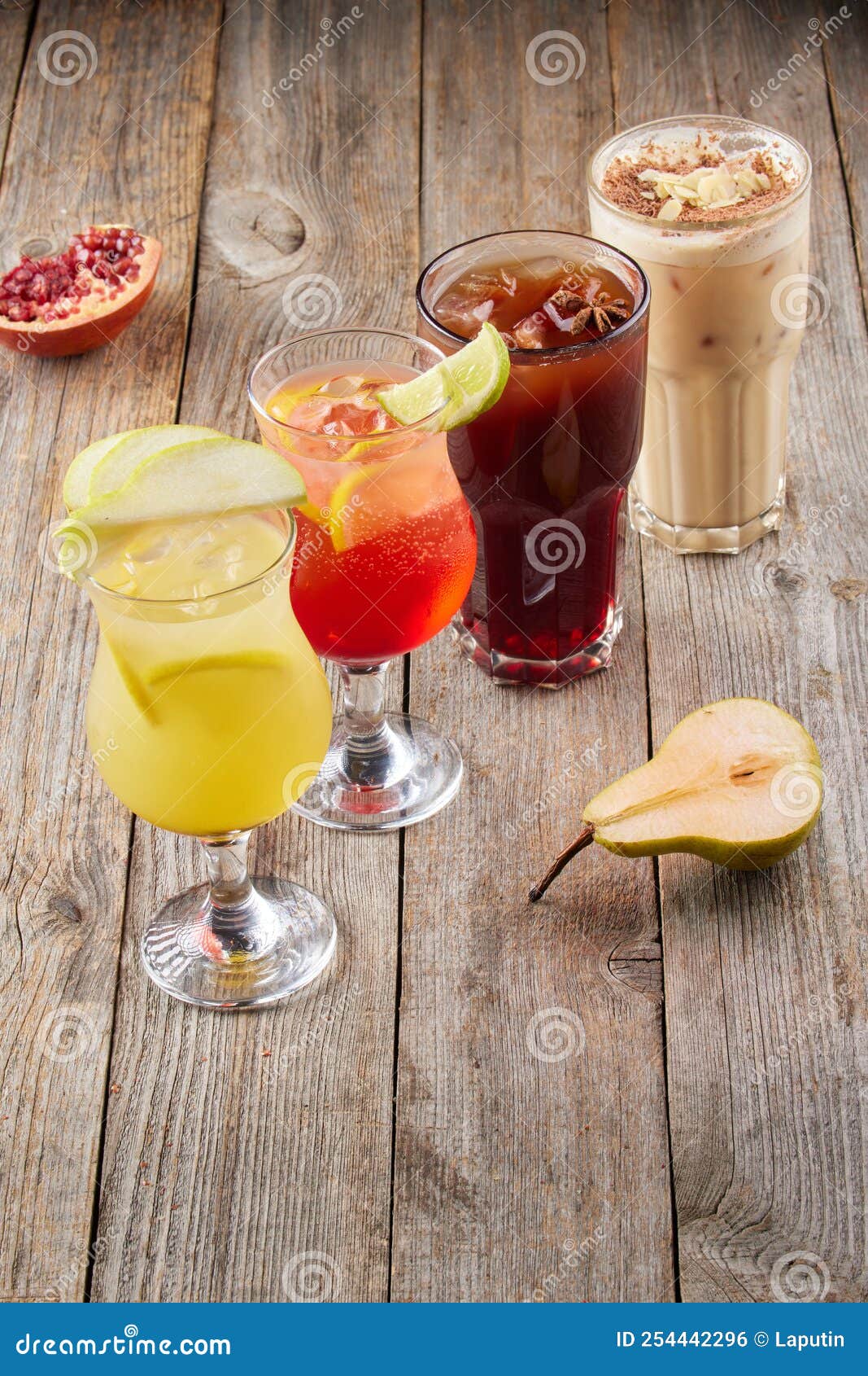 Set of Cold Fruit and Coffee Drinks on a Wooden Table Stock Photo ...