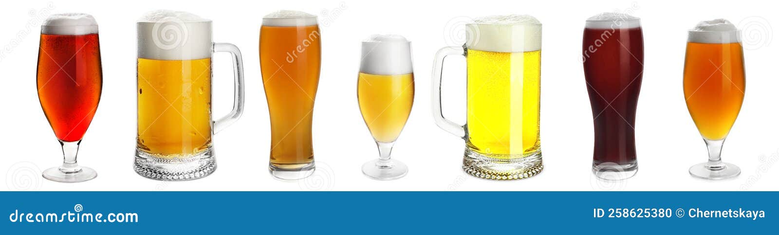 Set with Cold Tasty Beer on White Background. Banner Design Stock Photo ...