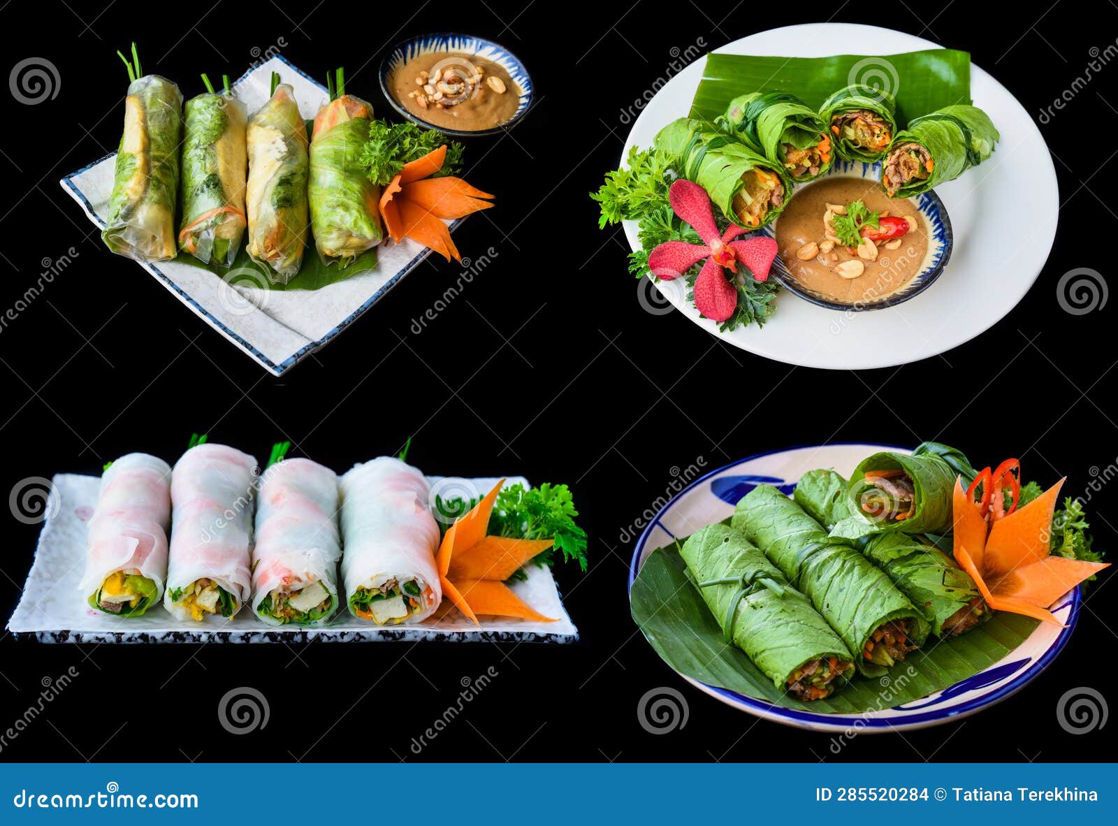 Set or Collage of Different Types of Vietnamese Spring Rolls on a Black ...
