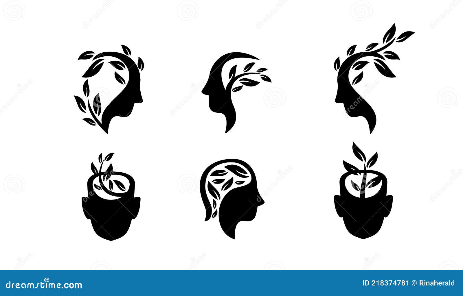 Set Collection Simple Abstract Head Face with Leaf Black Vector Logo ...