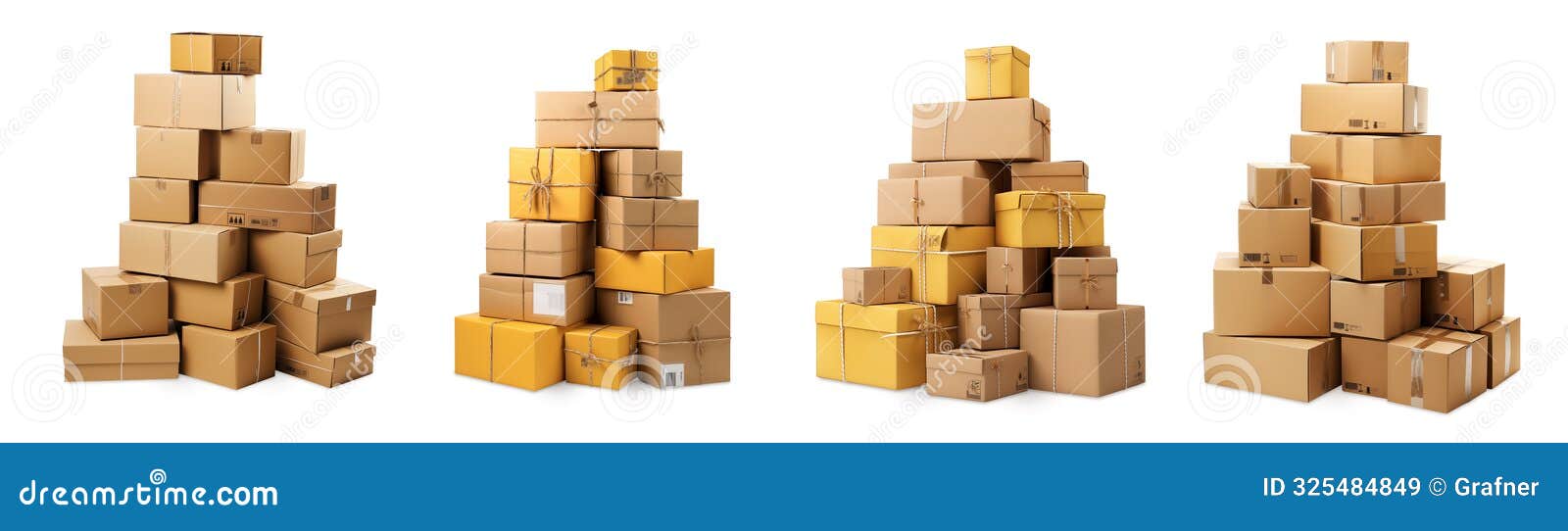 Set Collection of Stack of Cardboard Post Parcel Boxes Isolated White ...