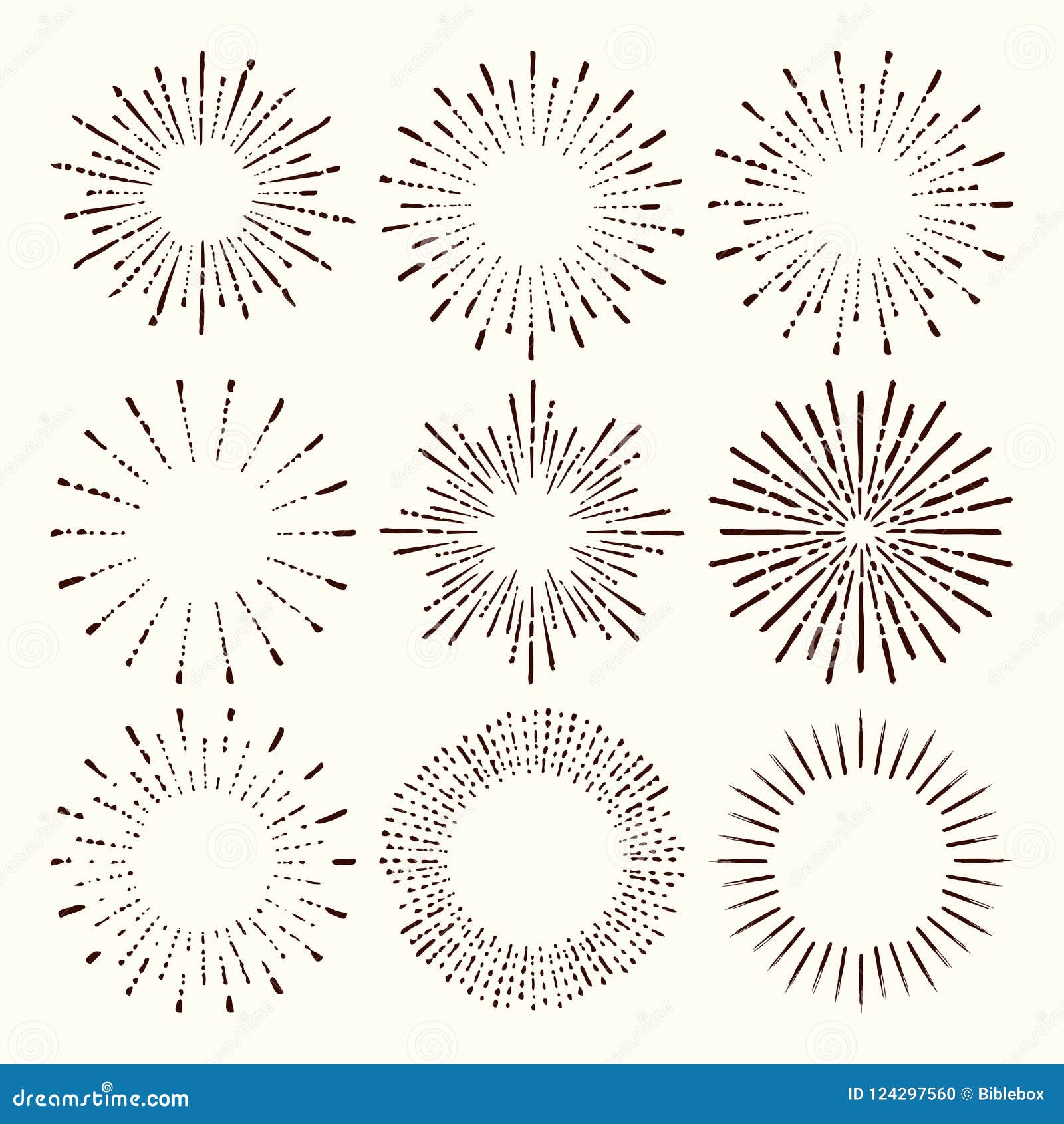 Set and Collection of Trendy Hand Drawn Retro Sunburst/bursting Rays ...