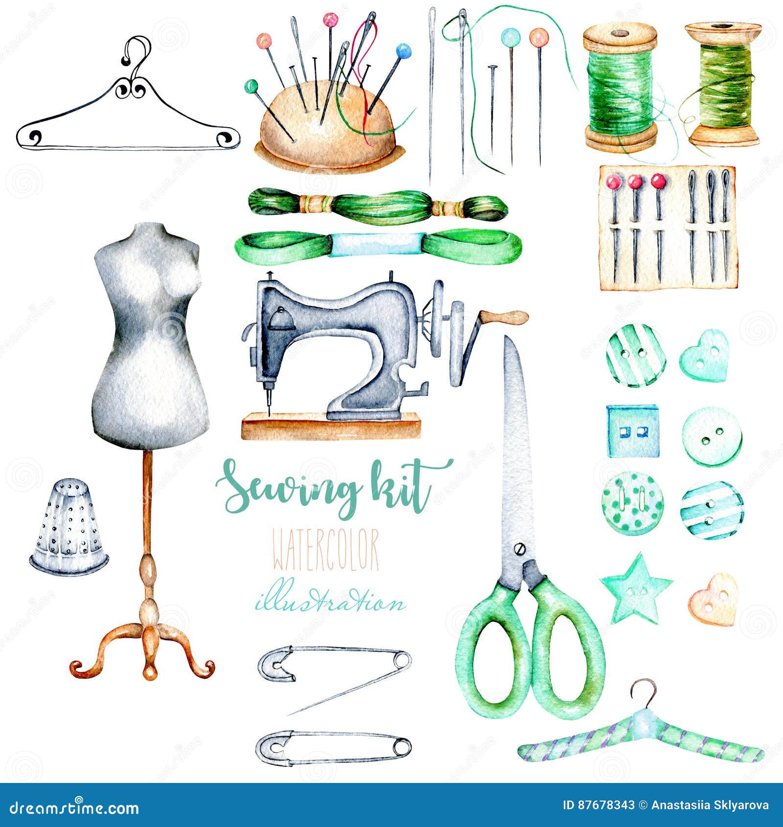 Set, Collection of Watercolor Sewing Elements Stock Illustration ...