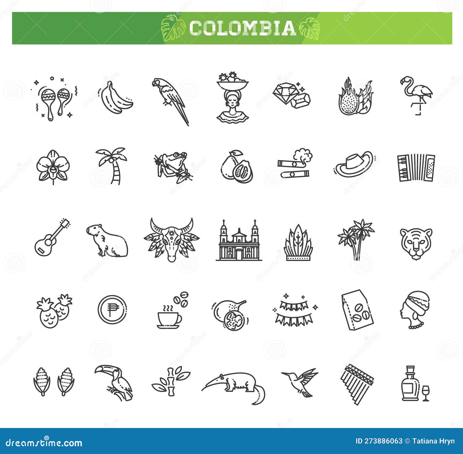 Set of Colombia Icons. Line Art Style Icons Bundle. Vector Illustration ...