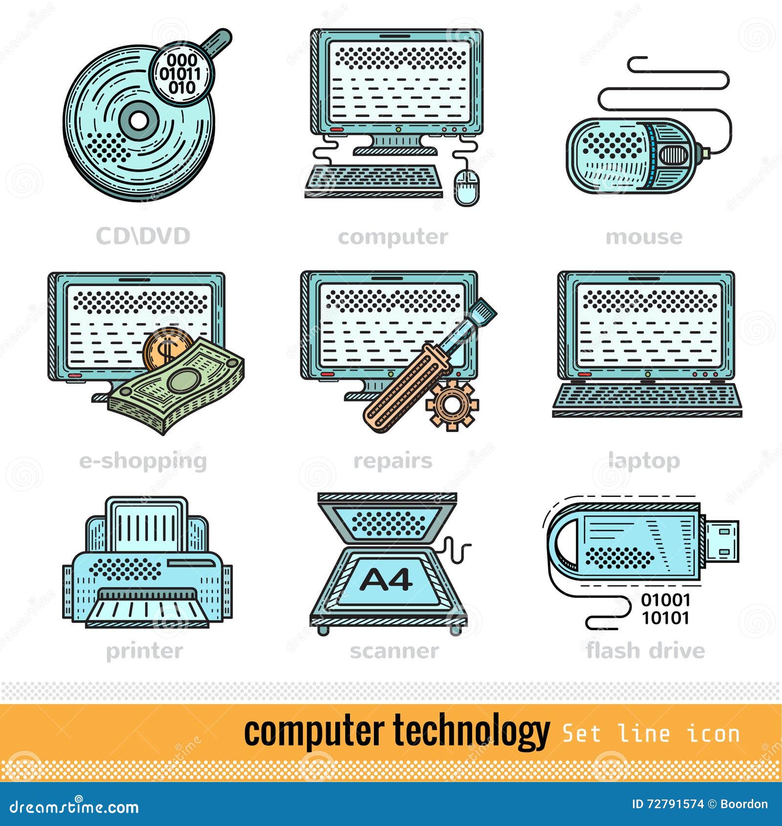 Set of Color Computer Technology Outline Web Icons Stock Vector ...