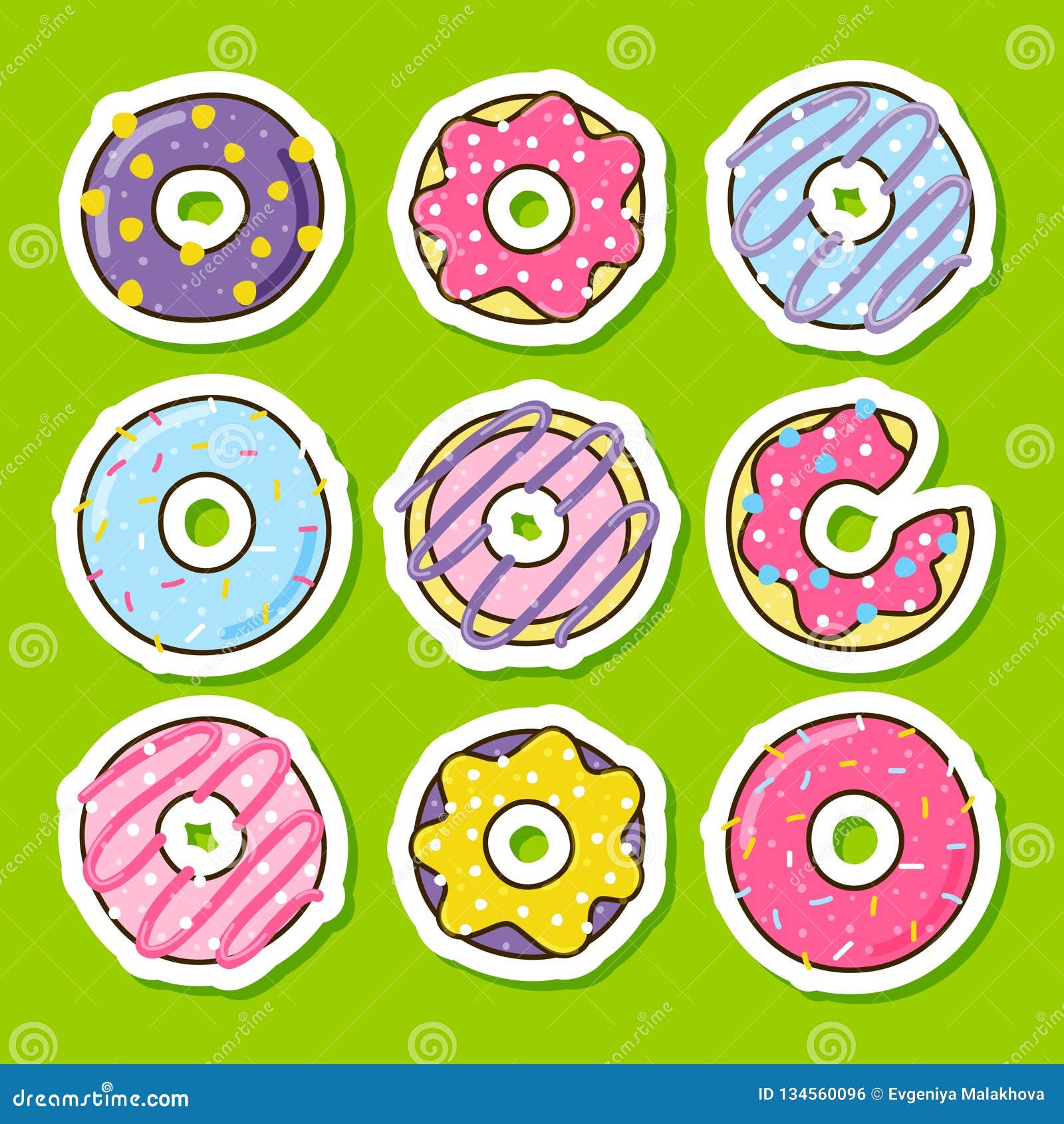 Set of Color Donuts Stickers Stock Vector - Illustration of pastry ...