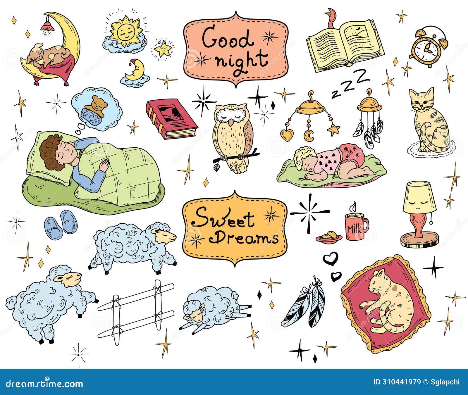 A Set of Color Doodle Drawings of Cute Hand-drawn on the Theme of Sleep ...