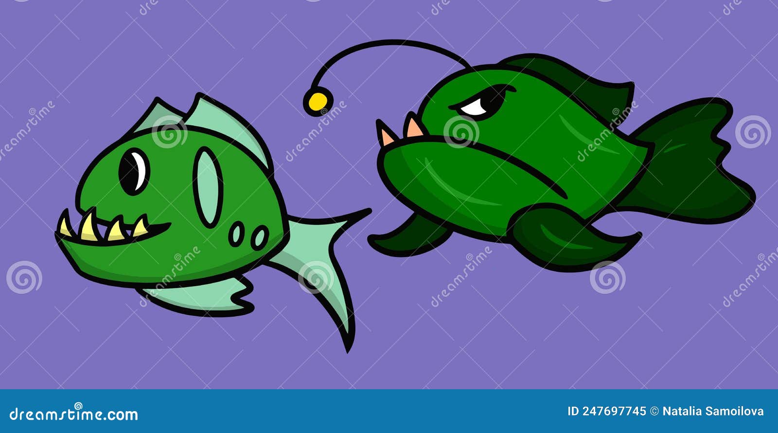 A Set of Color Drawings. Predatory Green Fish with Sharp Teeth, Vector ...