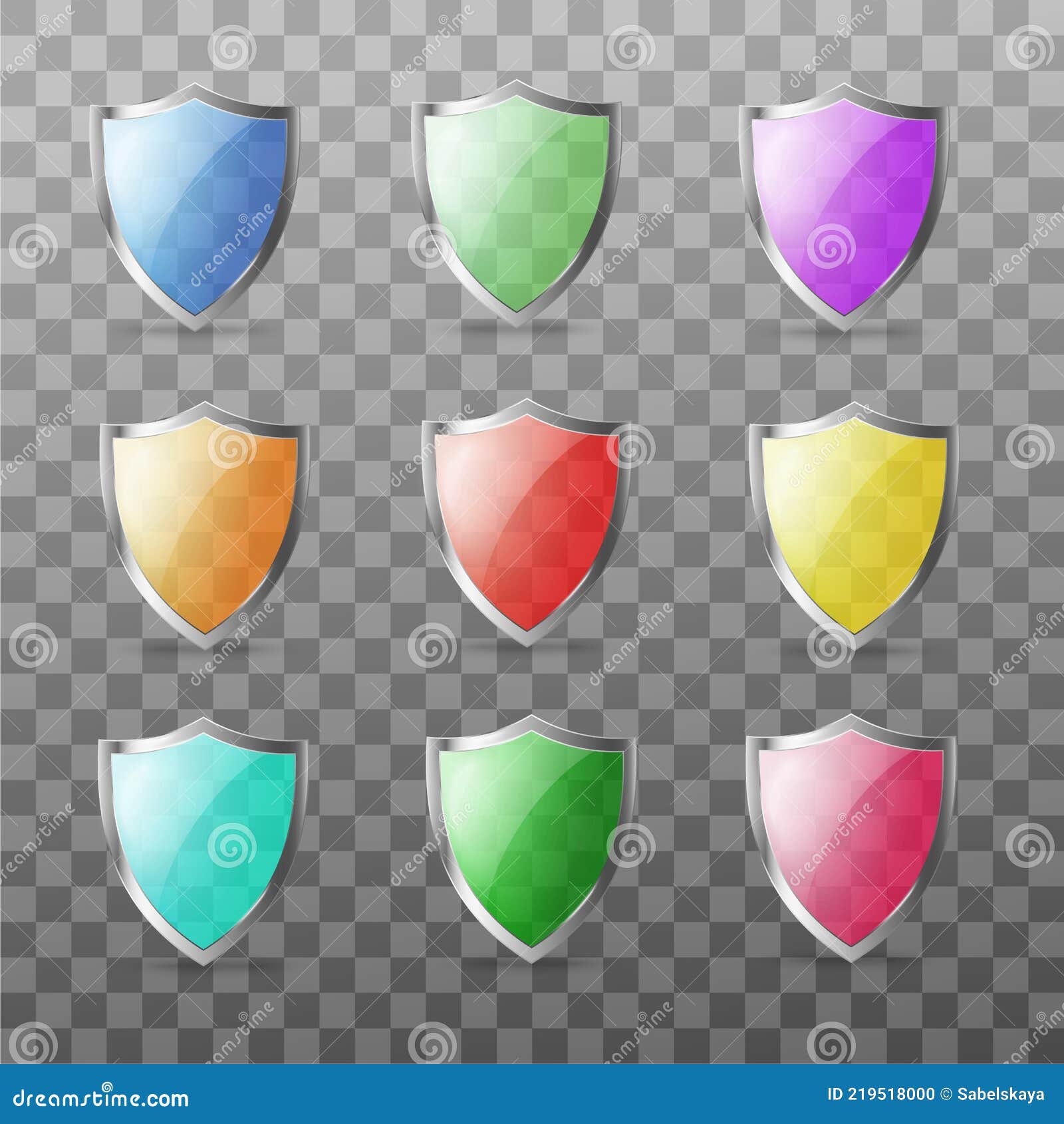 Set of Color Glass Security Shields, Realistic Vector Illustration ...