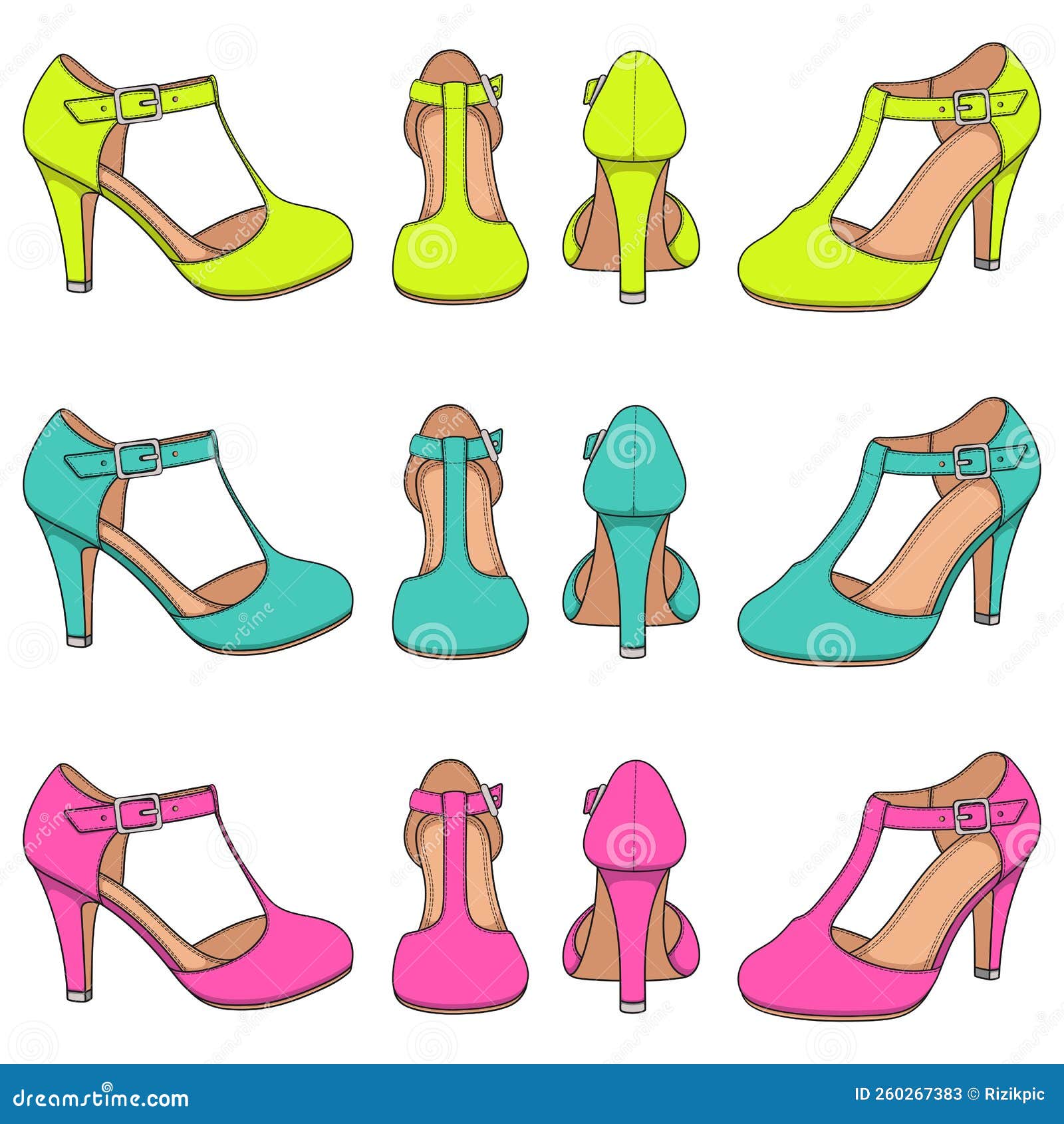 Set of Color Illustrations with Bright Female Shoes with Clasp on the ...