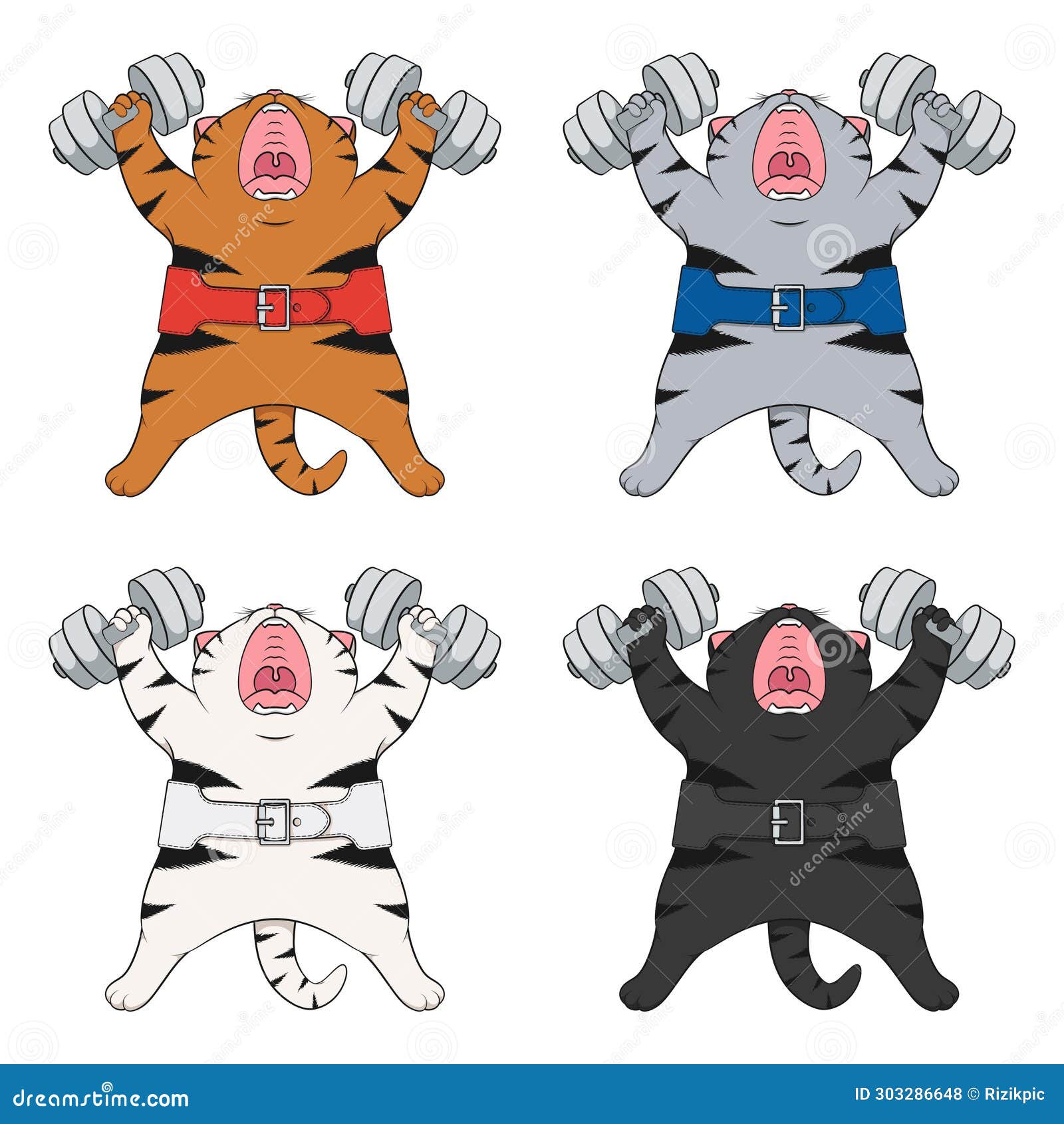 Set of Color Illustrations with Cute Cat with Dumbbells and Athletic ...