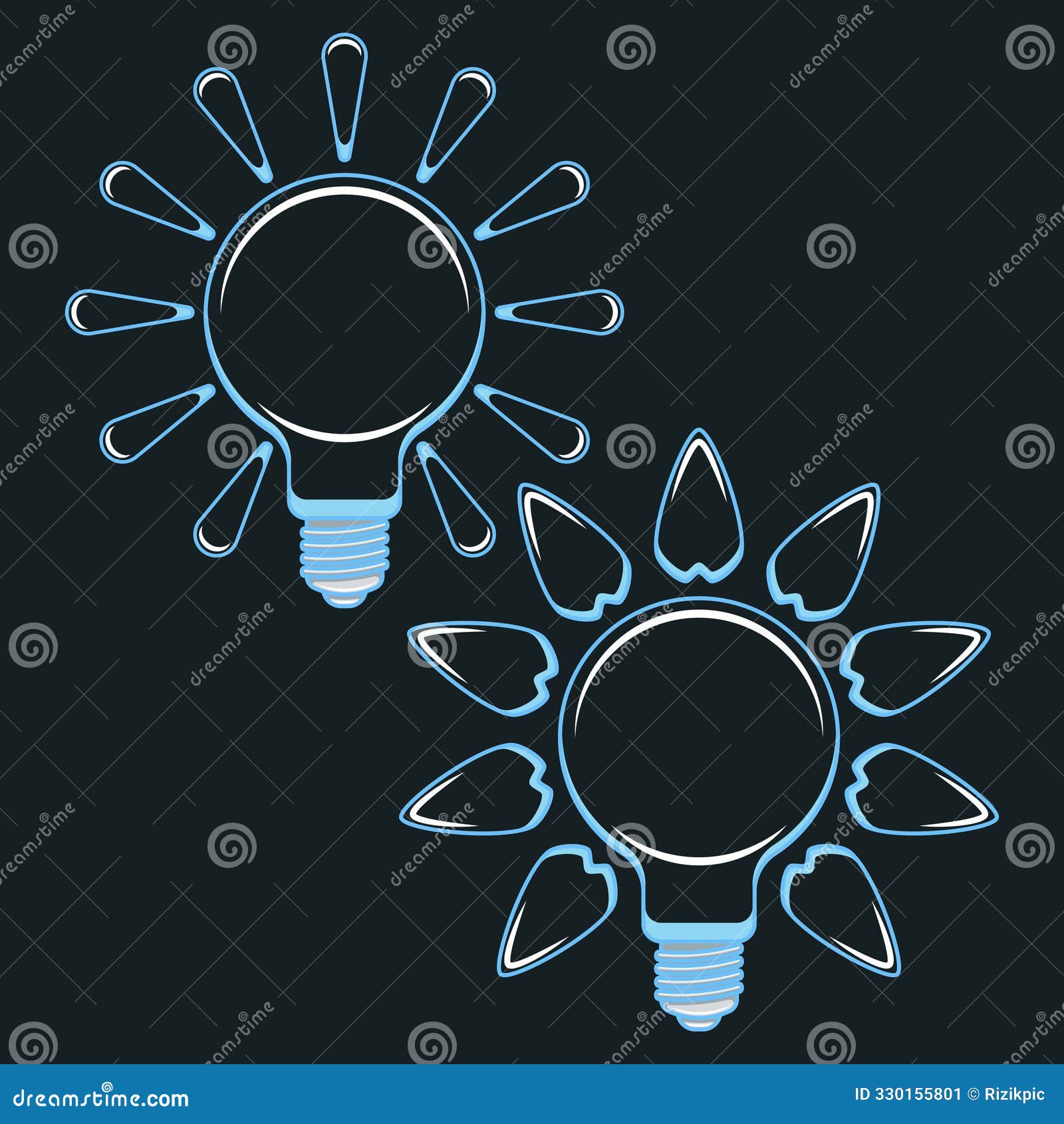 Set of Color Illustrations with Light Bulbs, Rays and Leaves, Green ...