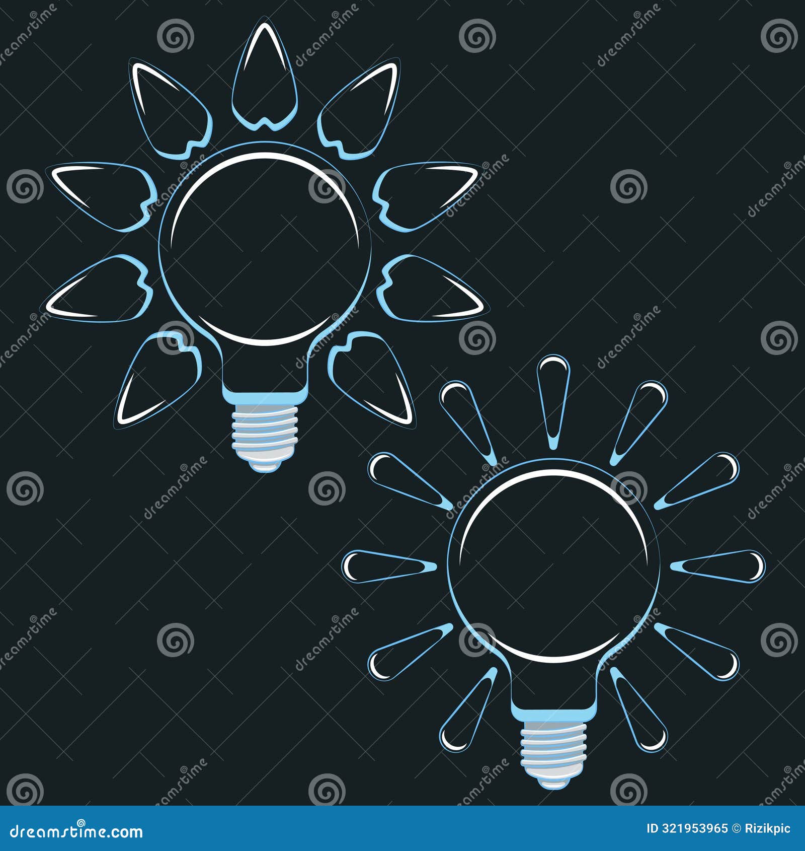 Set of Color Illustrations with Light Bulbs, Rays and Leaves, Green ...