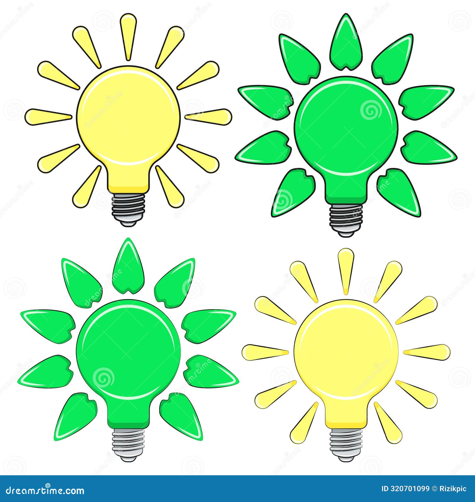 Set of Color Illustrations with Light Bulbs, Rays and Leaves, Green ...
