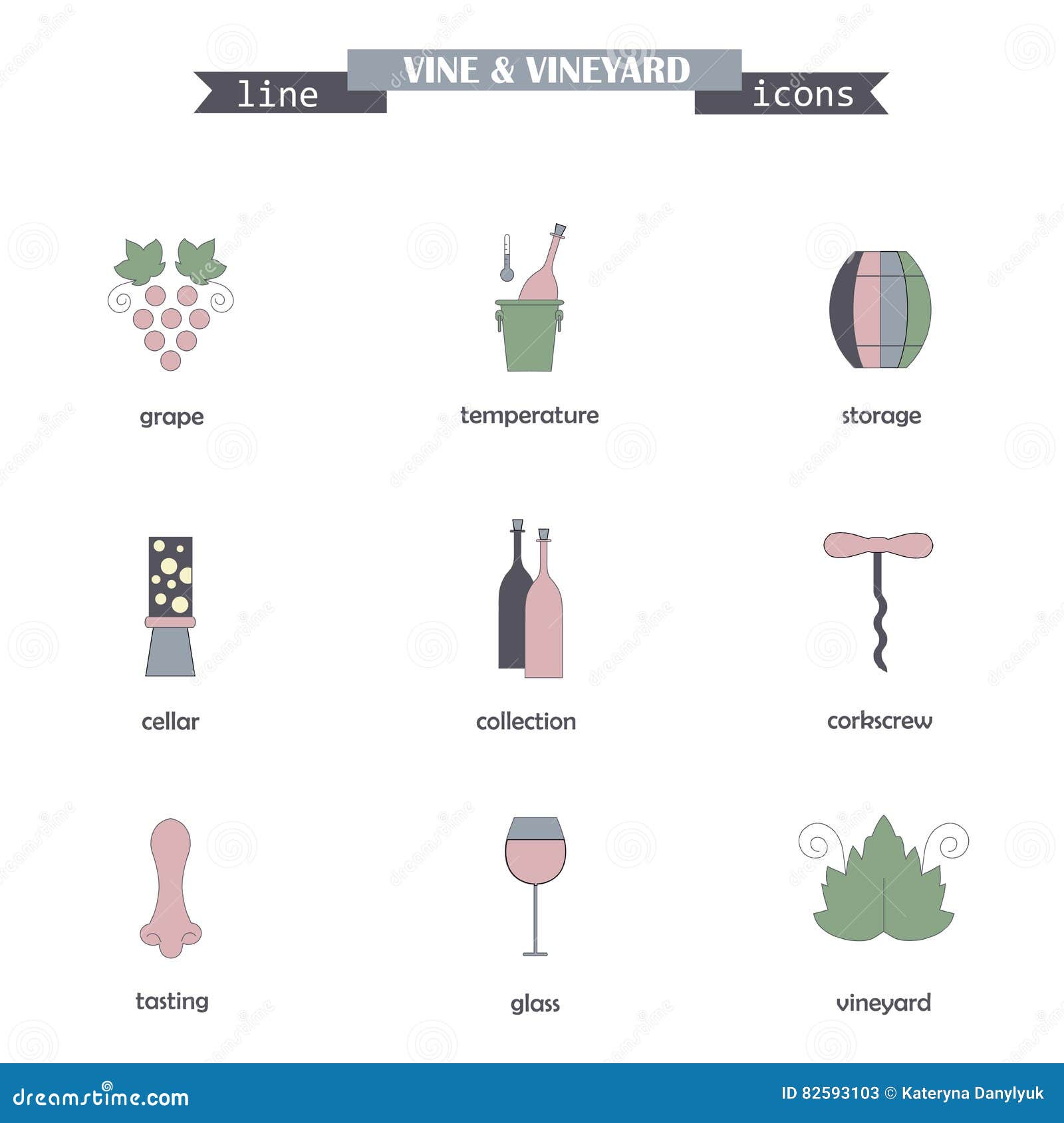Set of Color Line Icons with Different Wine Elements - Bottle, Grape ...