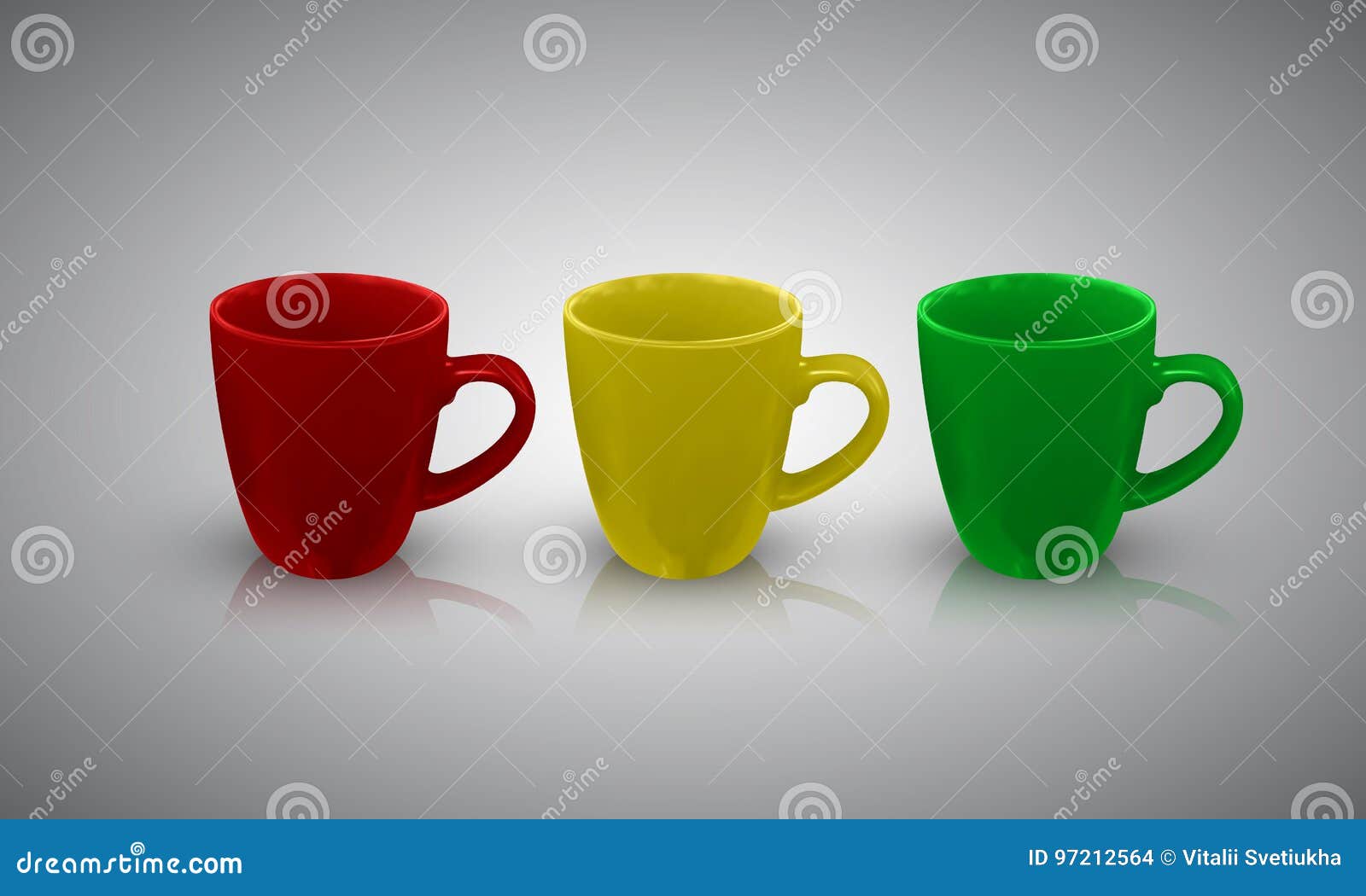 Set of Color Porcelain Cup with Reflection and Shadow Isolated on ...
