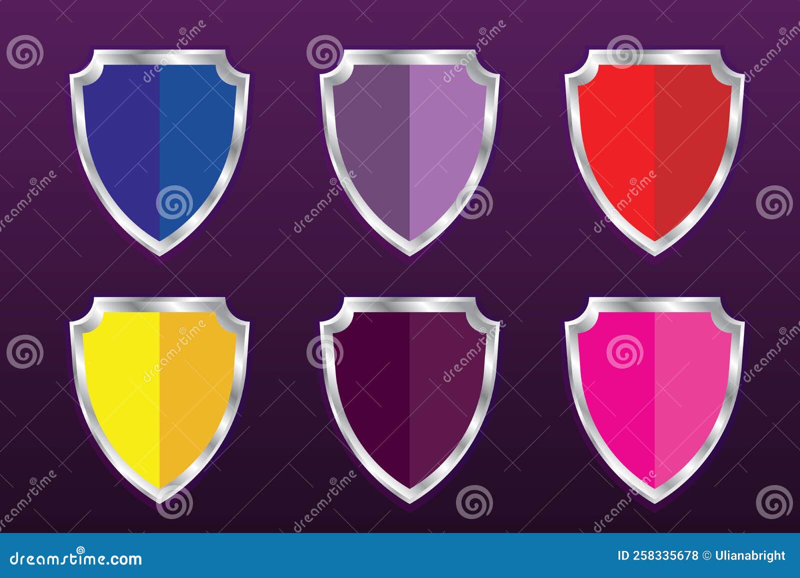 Set Of Color Shields Icons With Golden Frames And Ribbons Isolated On ...