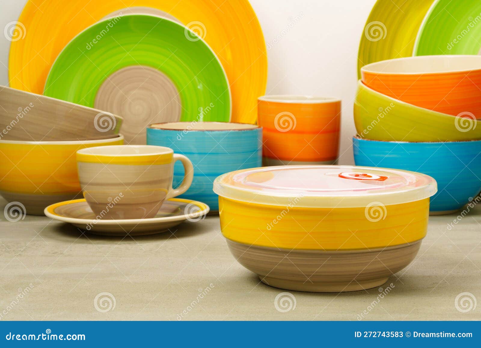 Set of Colored Ceramic Dishware Front View Stock Image - Image of table ...