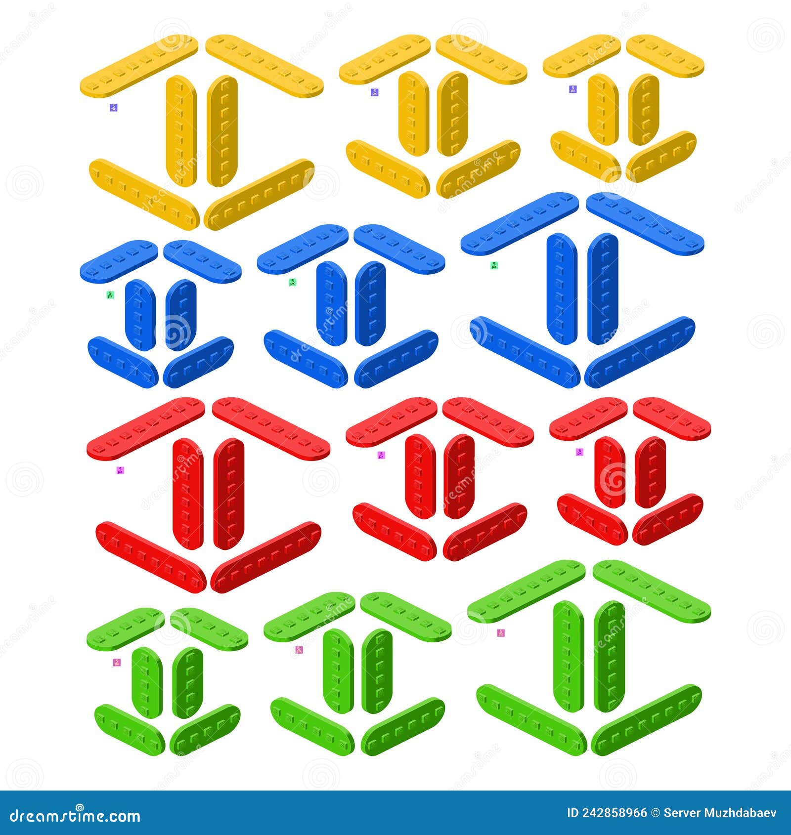 Set of Colored Constructor Kit in Isometry. 3d Element. Vector ... Set of Colored Constructor Kit in Isometry. 3d Element. Vector ...
