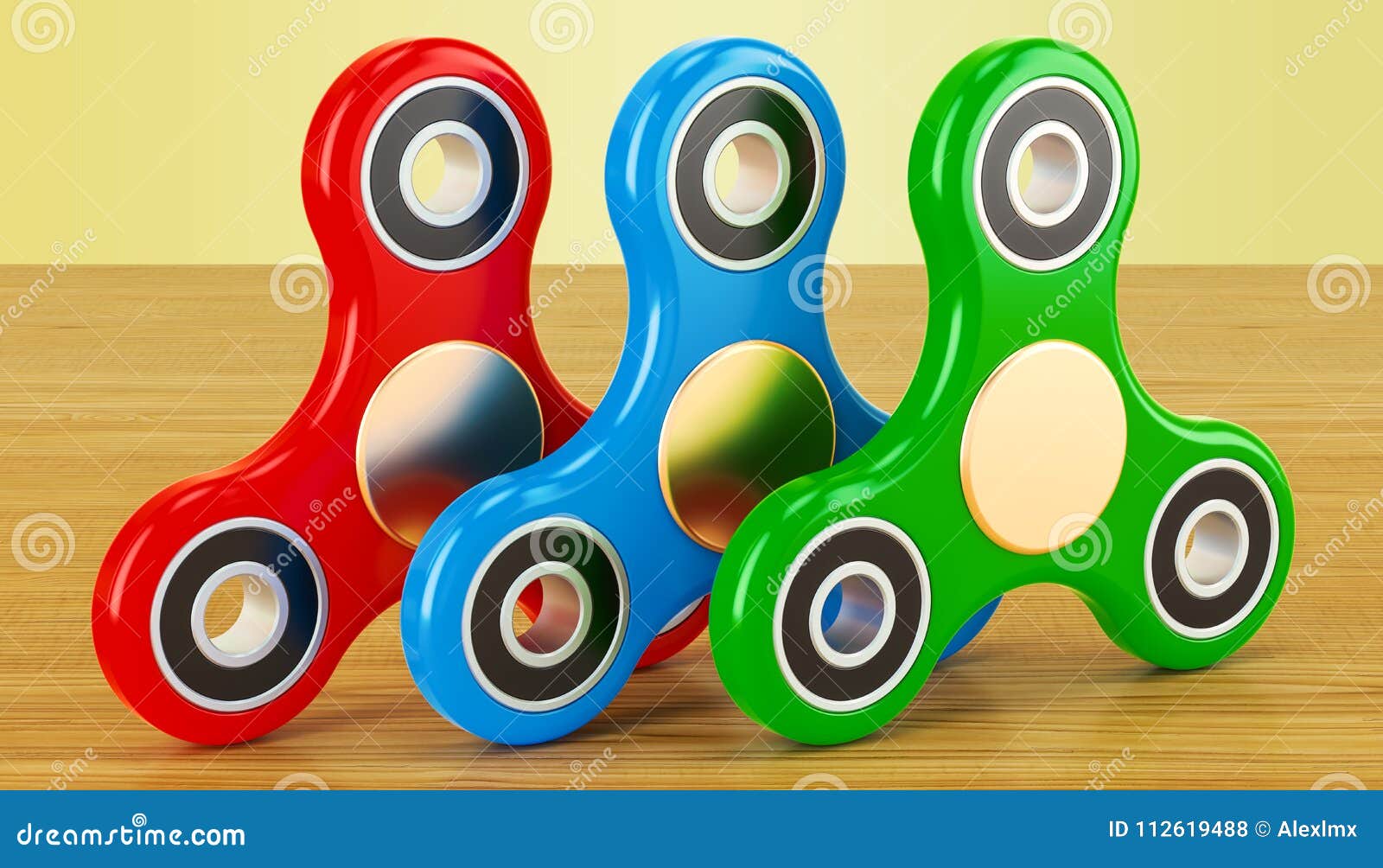 Set of Colored Fidget Spinners on the Wooden Table. 3D Rendering Stock ...
