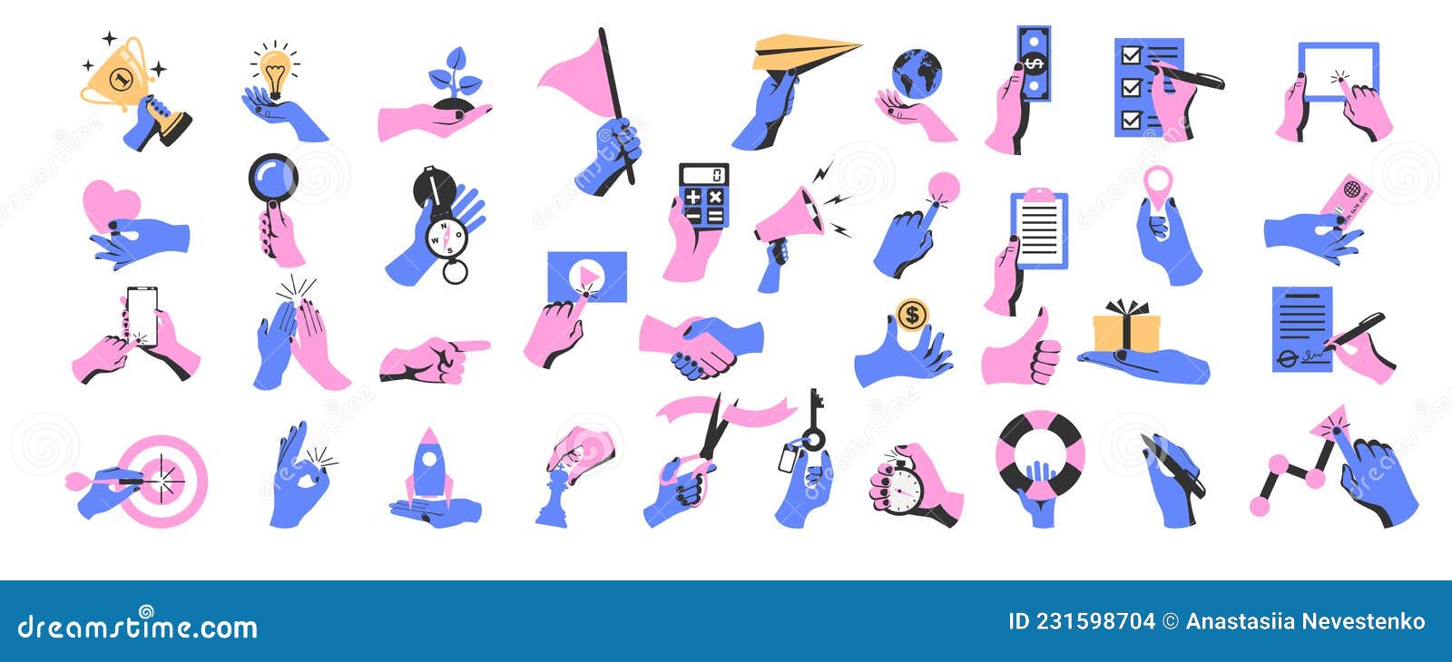 Set of Colored Hands with Objects Vector Flat. Stock Vector ...