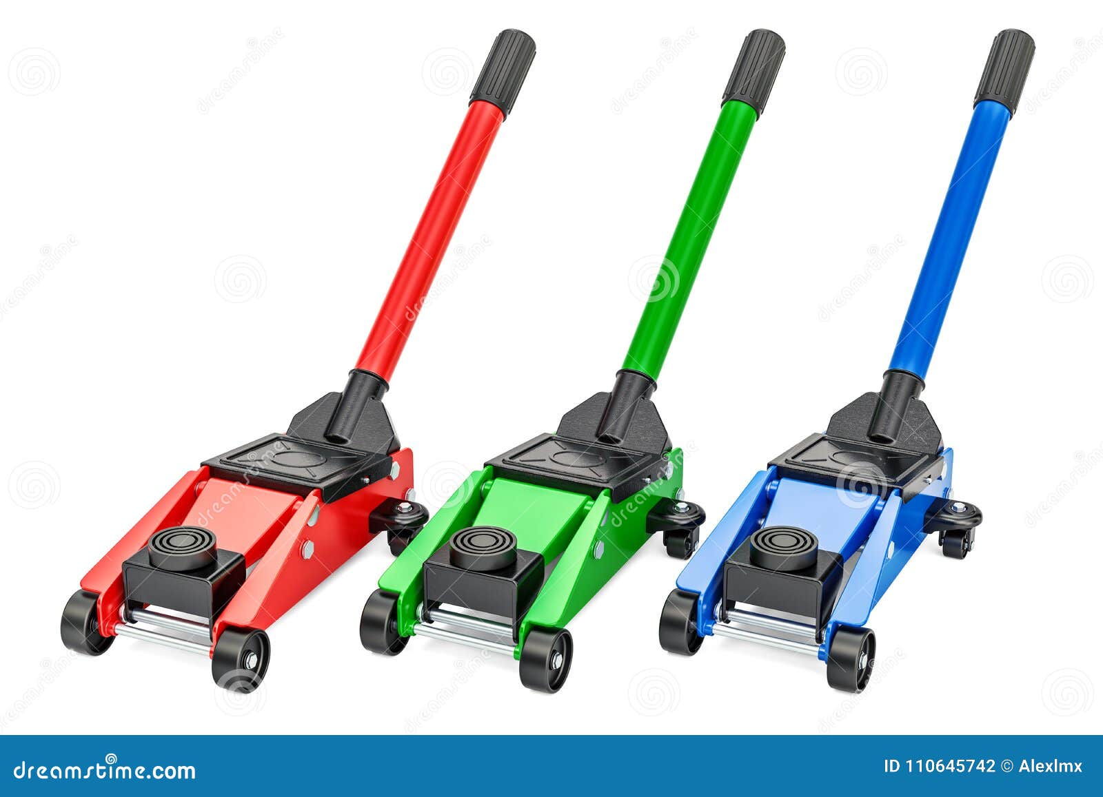 Set of Colored Hydraulic Floor Jacks, 3D Rendering Stock Illustration ...
