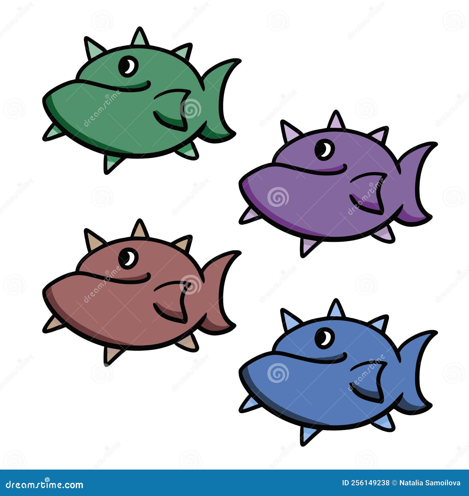 A Set of Colored Icons, a Large Fish with Sharp Spikes, Vector Cartoon ...