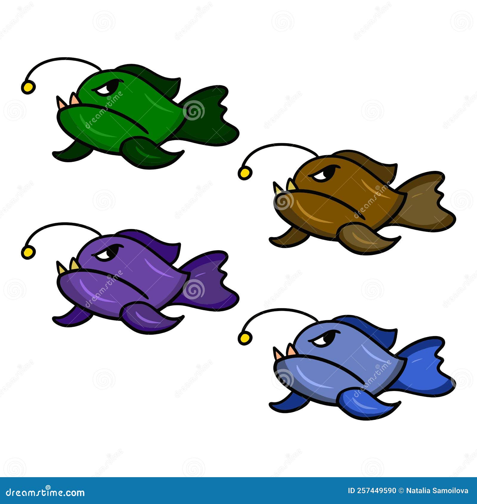 Set of Colored Icons, Predatory Deep-sea Fish with Sharp Teeth, Vector ...