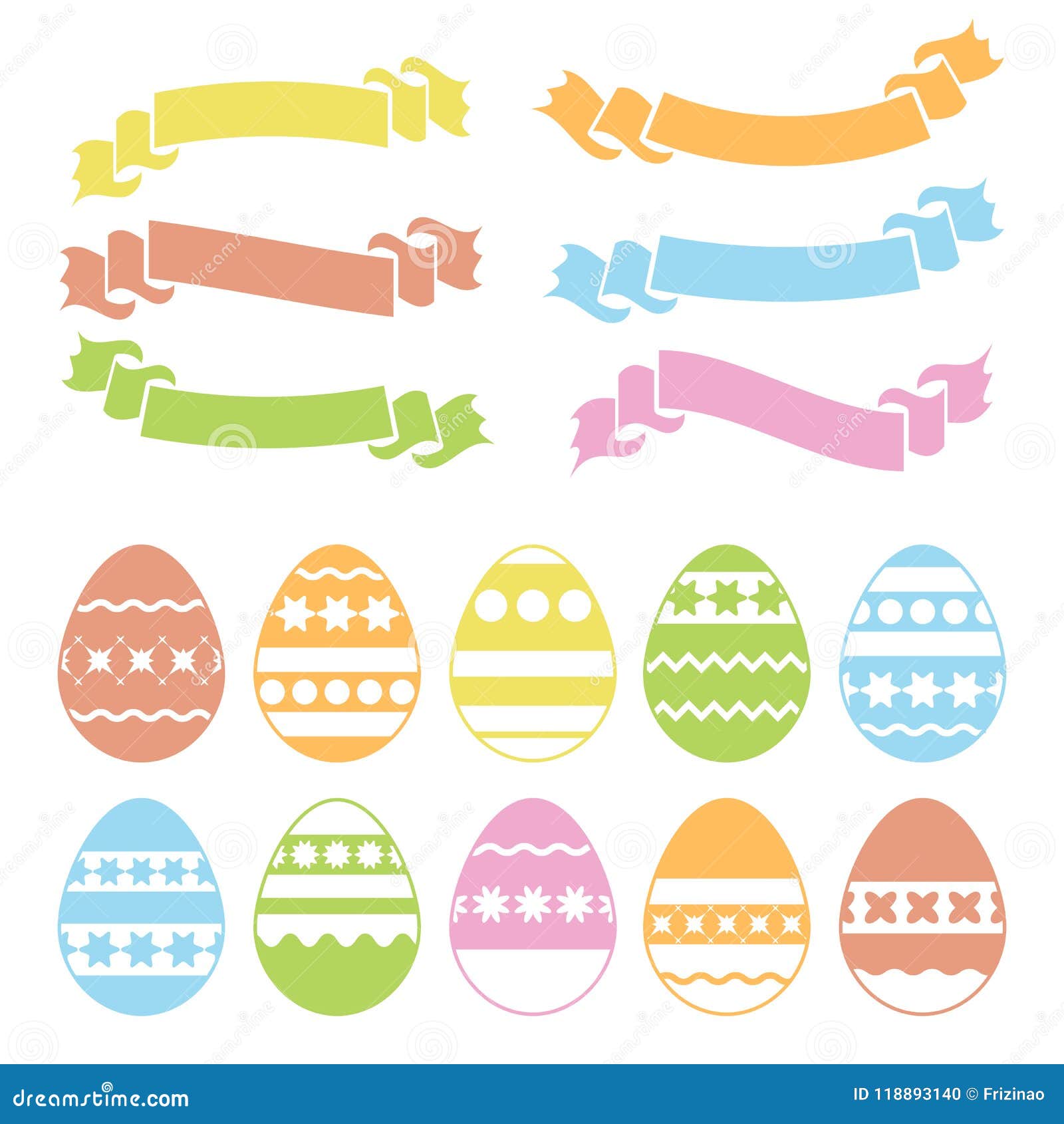 Set of Colored Isolated Easter Eggs and Ribbon Banners on White ...