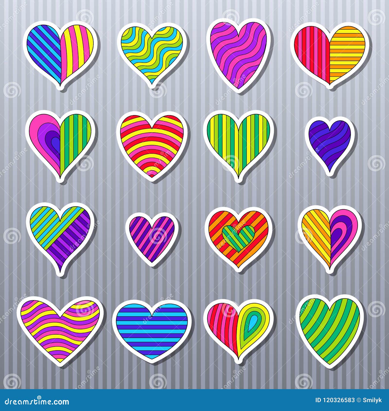 Set of Colored Isolated Objects Drawn Striped Hearts. Stock Vector ...