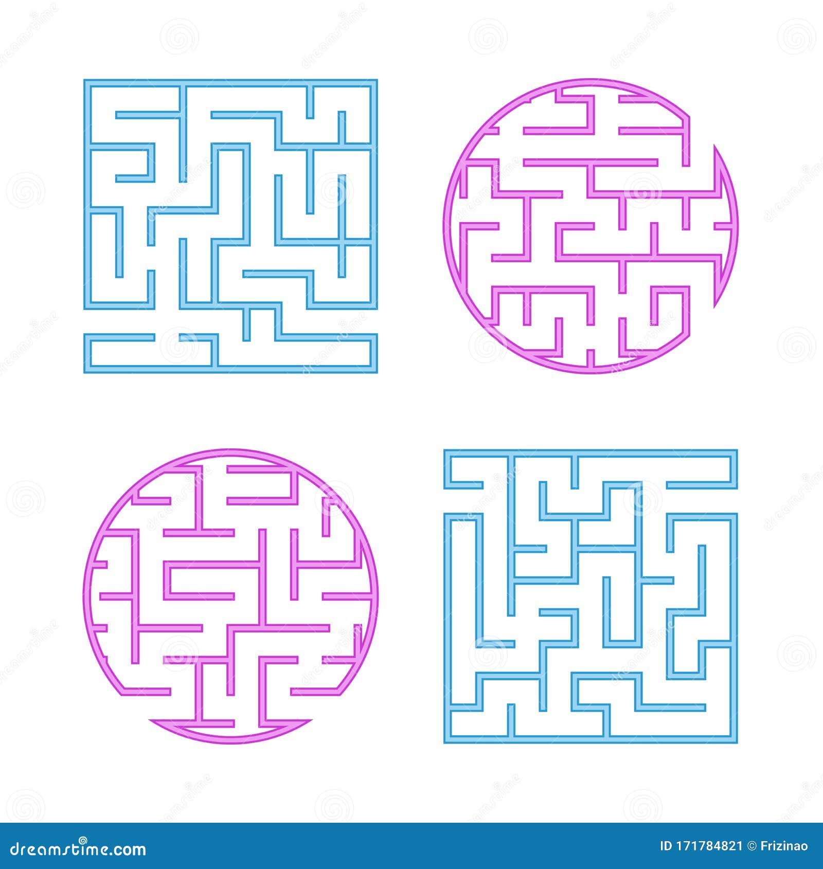 A Set Of Colored Labyrinths For Children. A Square, Round Maze. Simple ...