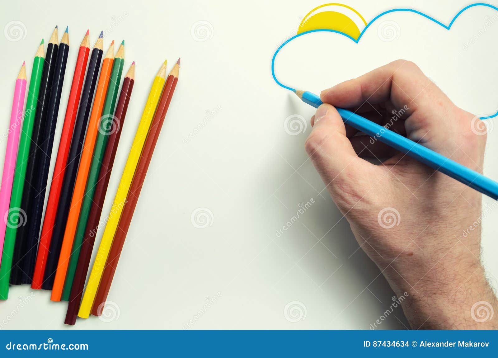 Set of Colored Pencils, and Drawing a Hand Stock Illustration ...