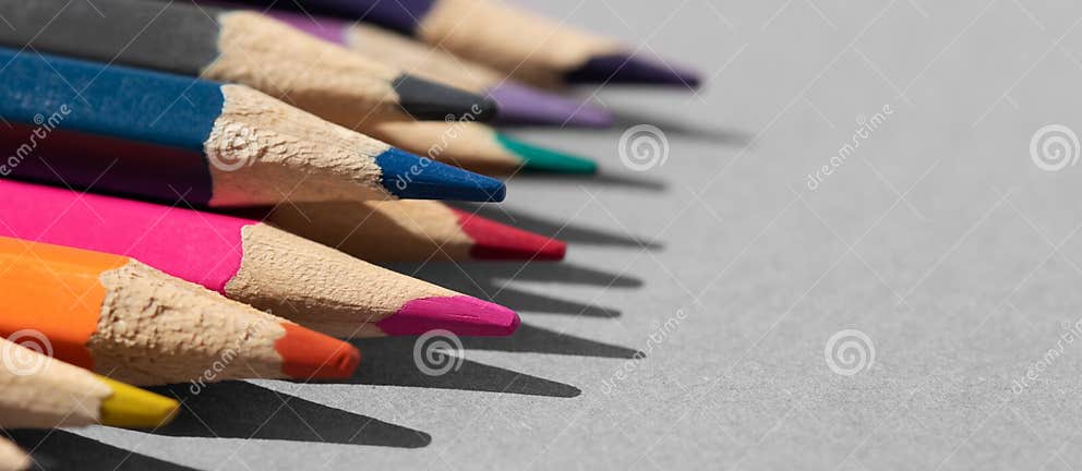 Set of Colored Pencils on Grey Table Stock Photo - Image of building ...
