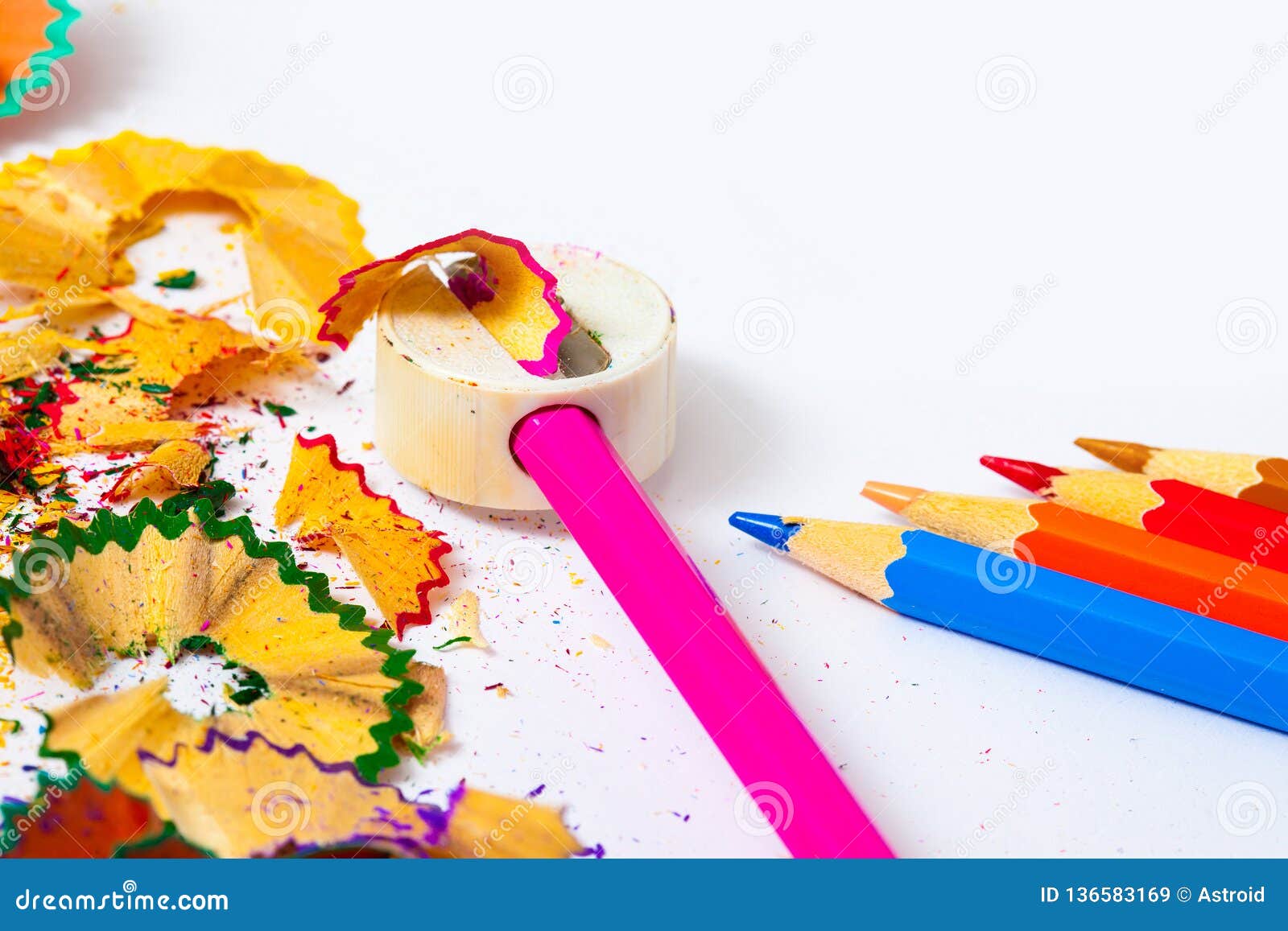 Set of Colored Pencils, Sharpener and Shavings Stock Image - Image of ...