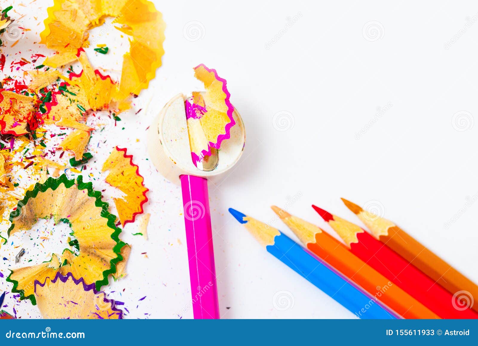 Set of Colored Pencils, Sharpener and Shavings Stock Image - Image of ...