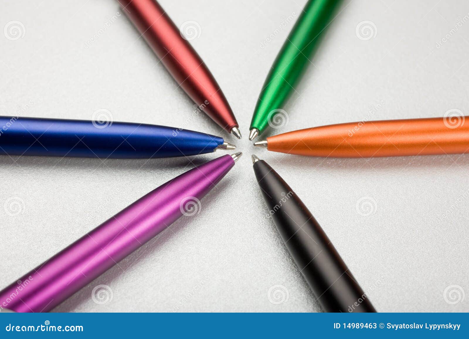 Set of Colored Pens on Table Stock Image - Image of blue, metallic ...