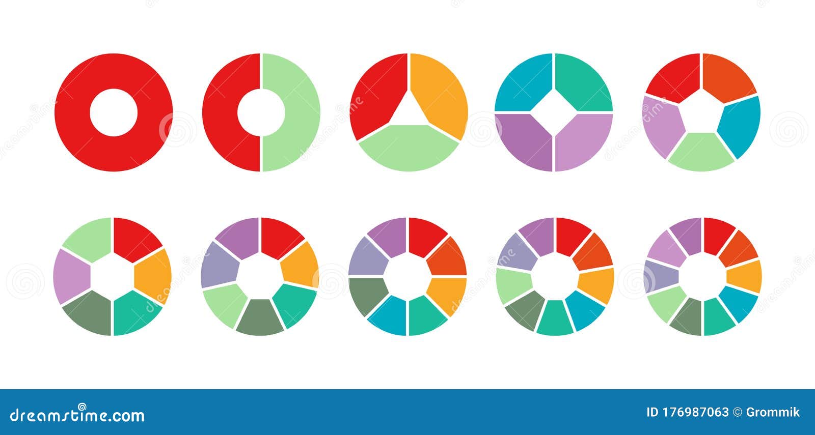 Set of Colored Pie Charts for 1,2,3,4,5,6,7,8,9,10 Steps or Sections To ...