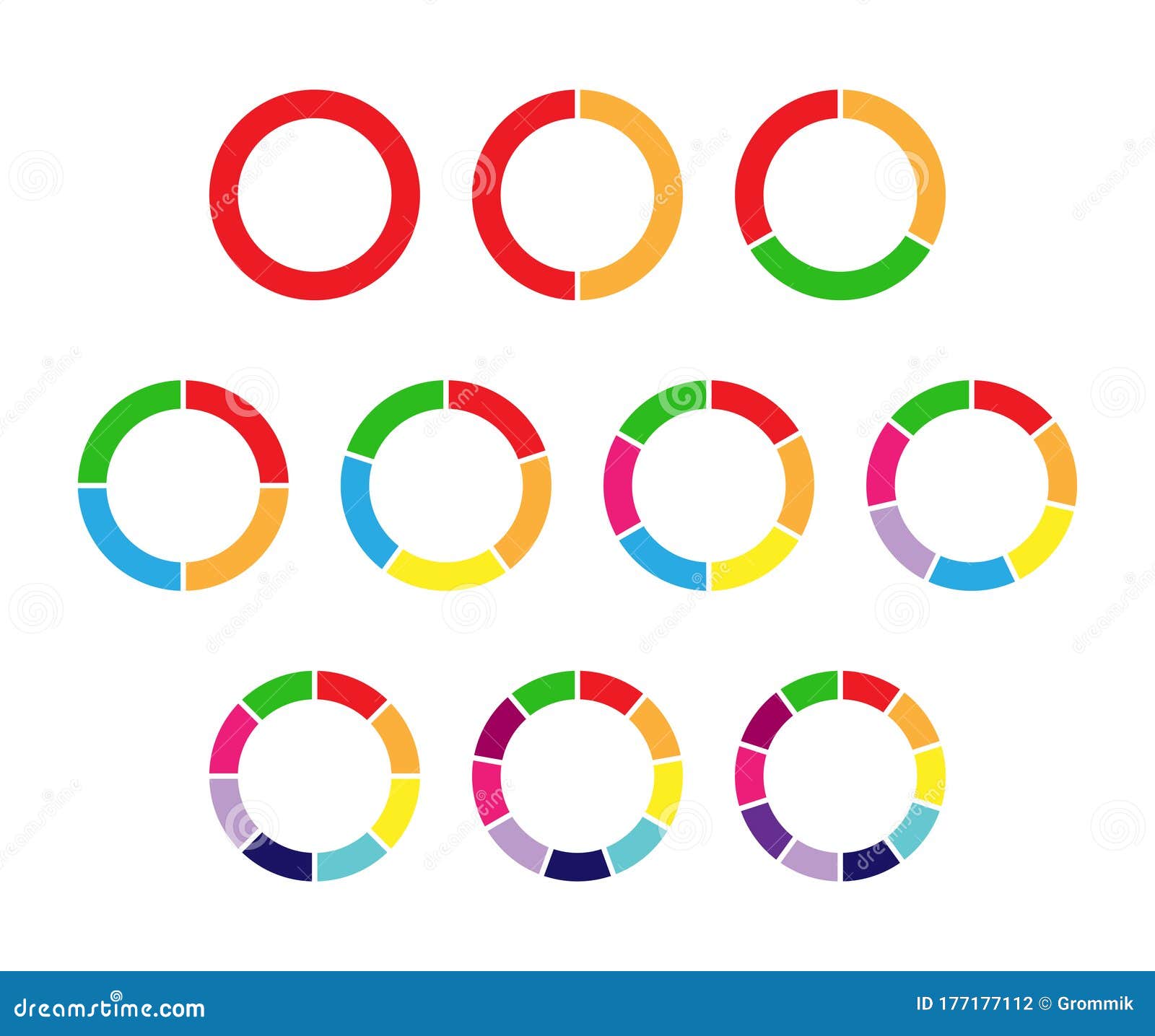 Set of Colored Pie Charts for 1,2,3,4,5,6,7,8,9,10 Steps or Sections To ...