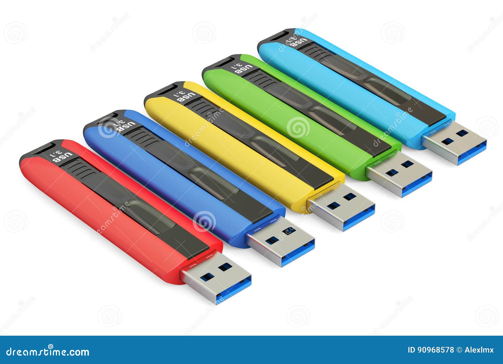 Set of Colored USB Flash Drives 3.1, 3D Rendering Stock Illustration ...