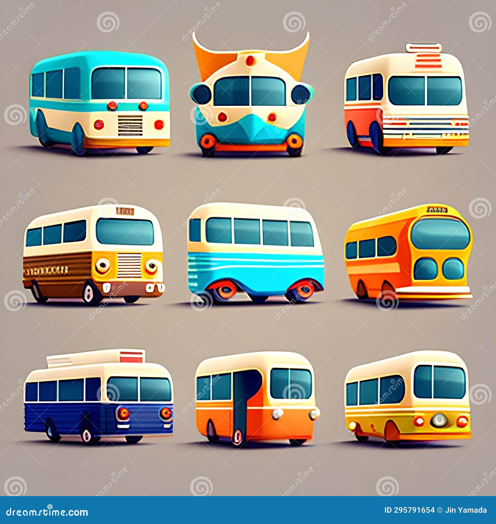 A Set Of Cartoon Buses With Eyes And A Smile In Red, Yellow And Green ...