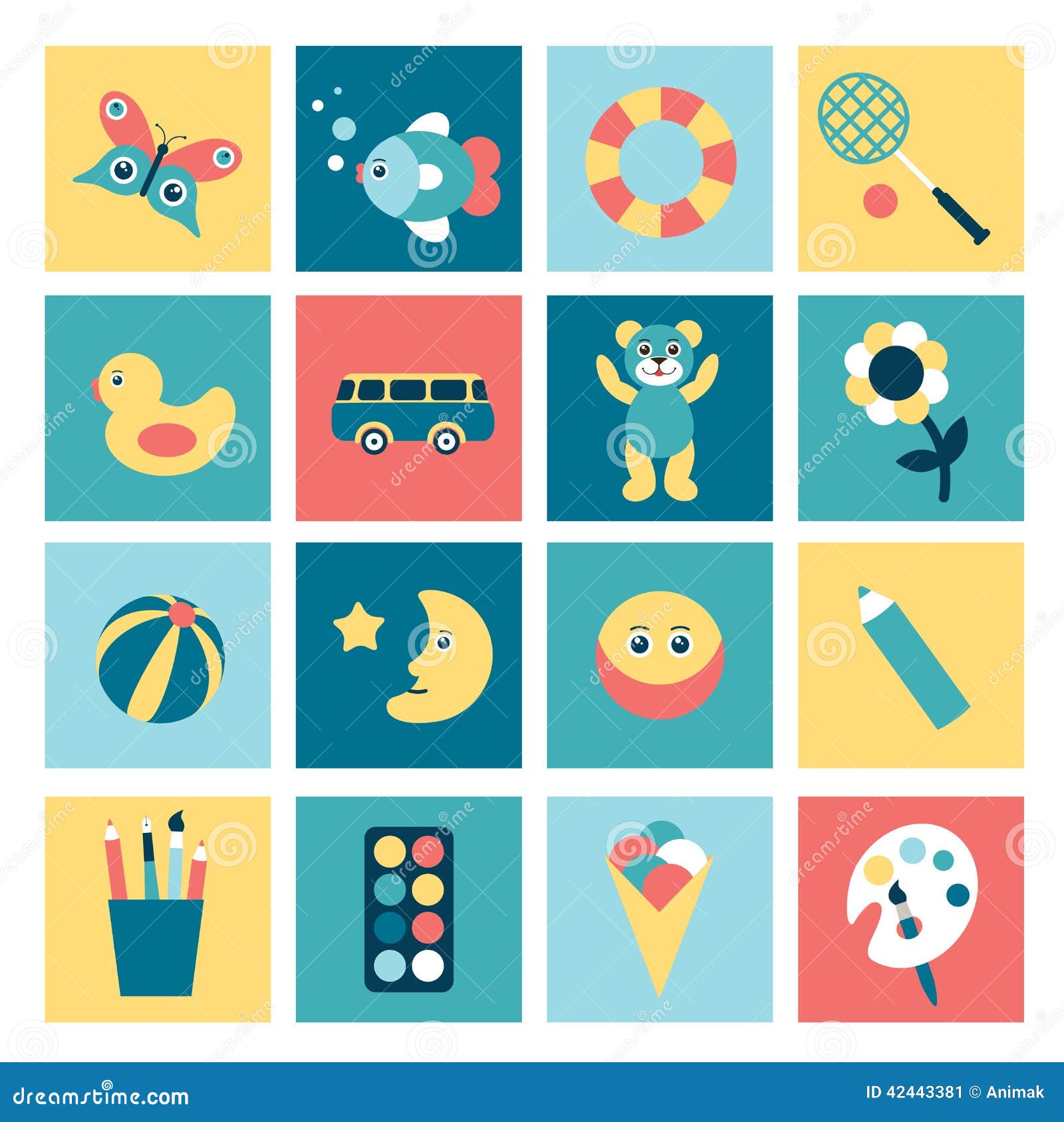 Set of Colorful Child Flat Icon. Stock Vector - Illustration of school ...
