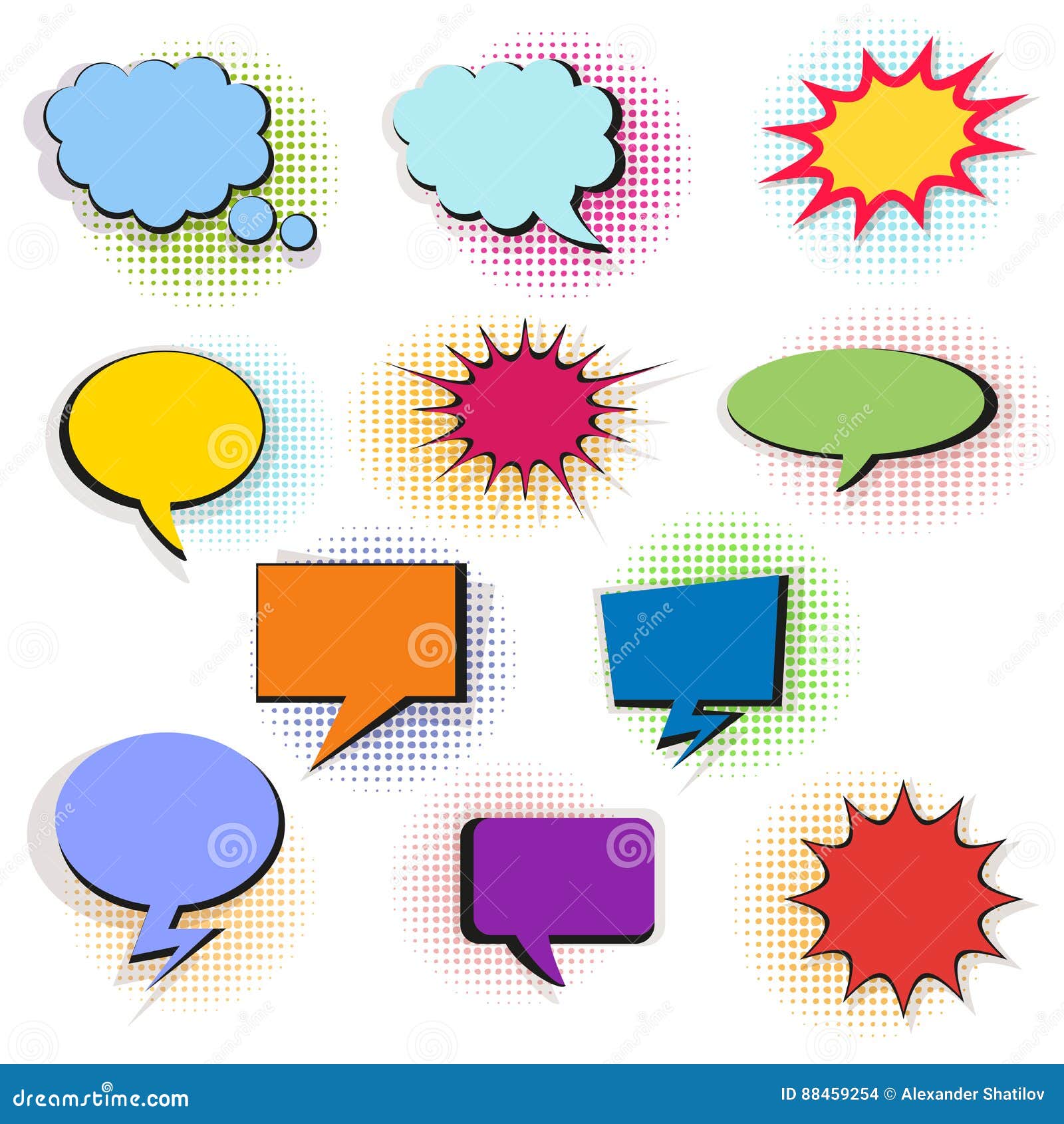 Set Of Colorful Comic Bubbles And Elements With Halftone Shadows ...