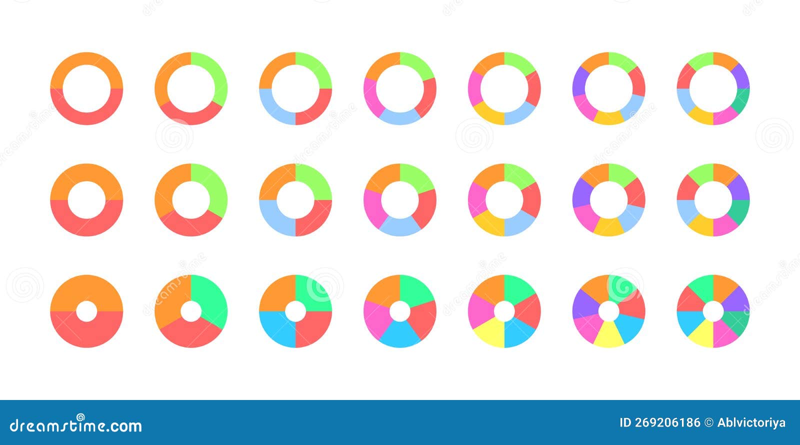 Set of Colorful Donut or Pie Chart. Circle Division on 2, 3, 4, 5, 6, 7 ... Set of Colorful Donut or Pie Chart. Circle Division on 2, 3, 4, 5, 6, 7 ...
