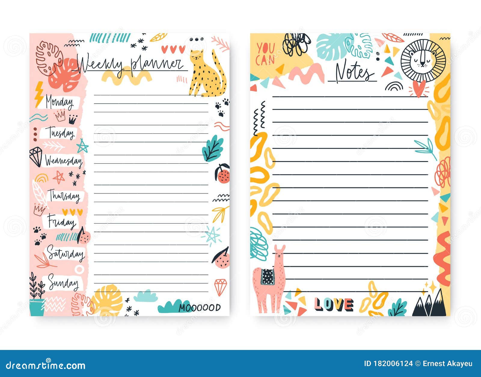 Set of Colorful Doodle Weekly Planner and Notes Template with Place for ...