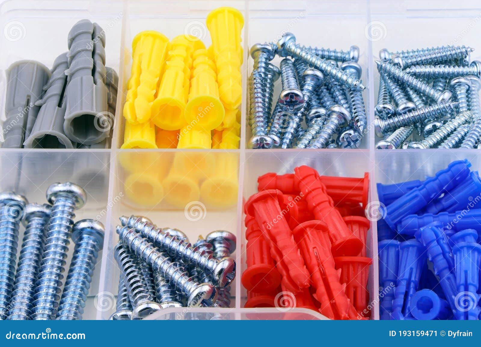 Set of Colorful Dowel, Screw, Fastener. a Box with Dowel, Bolt and ...