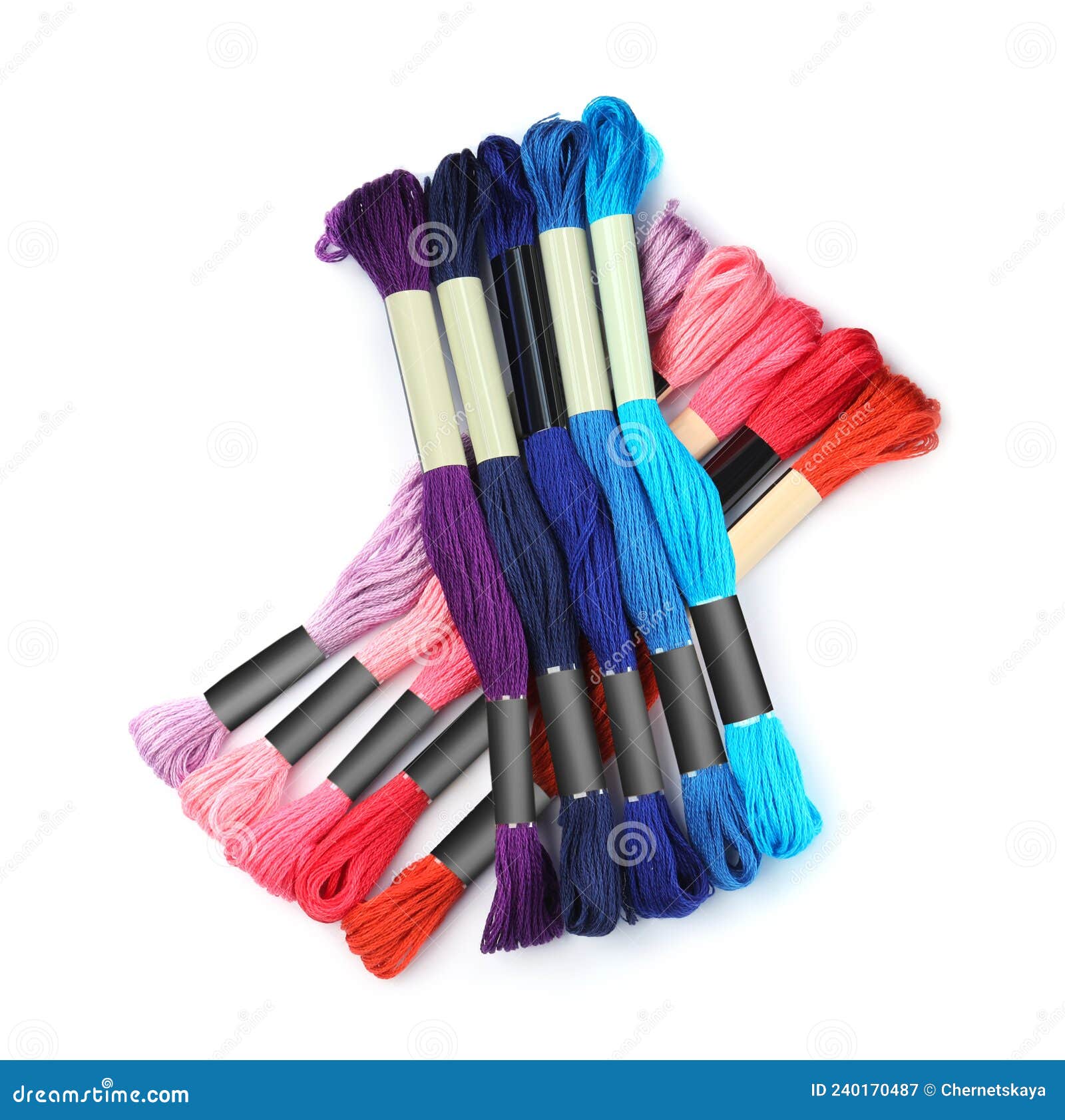 Set of Colorful Embroidery Threads on White Background, Top View Stock ...