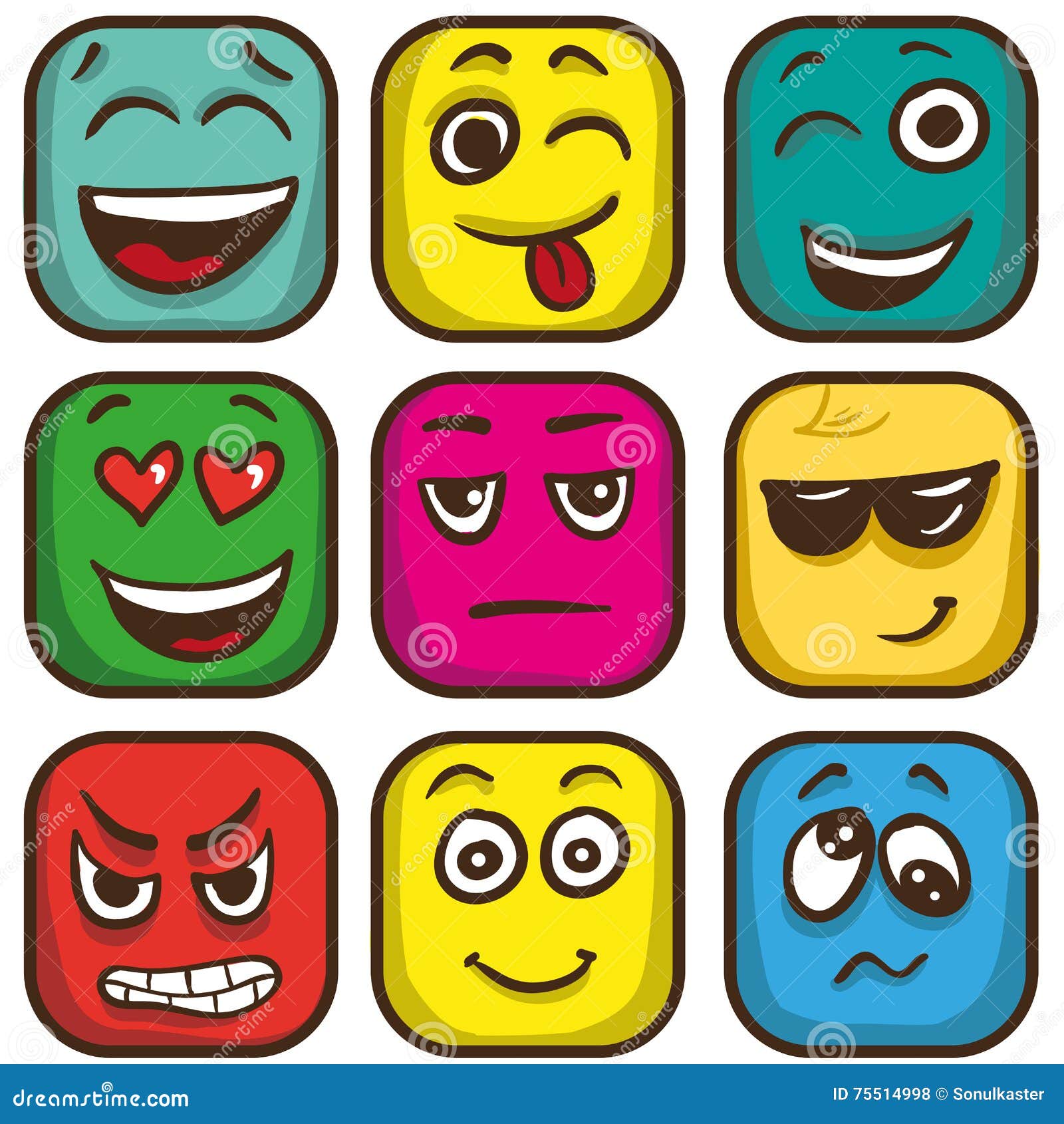 Set of Colorful Emoticons, Square Emoji Flat. Stock Vector ...
