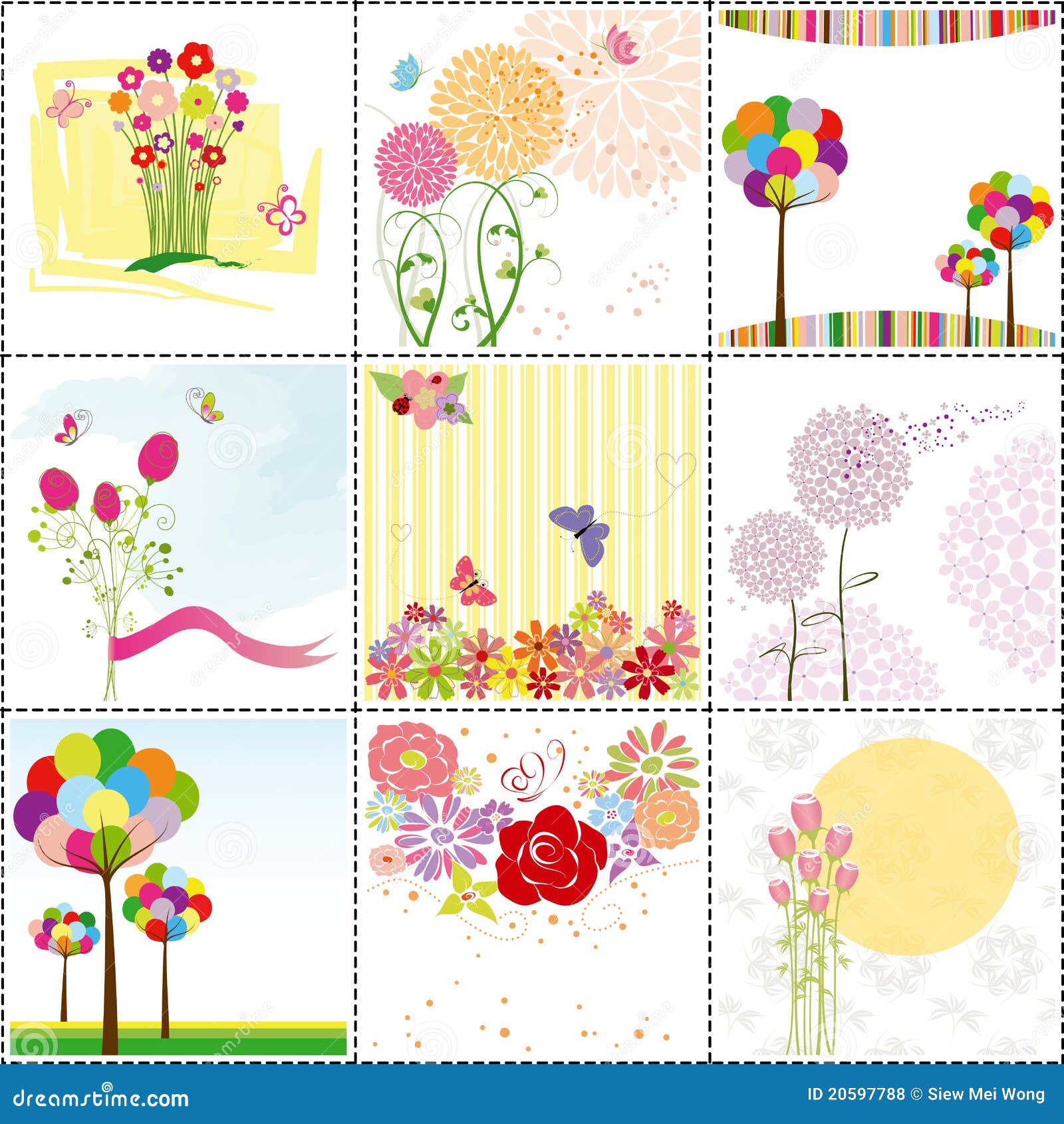 Set of Colorful Flower Greeting Card Stock Vector - Illustration of ...