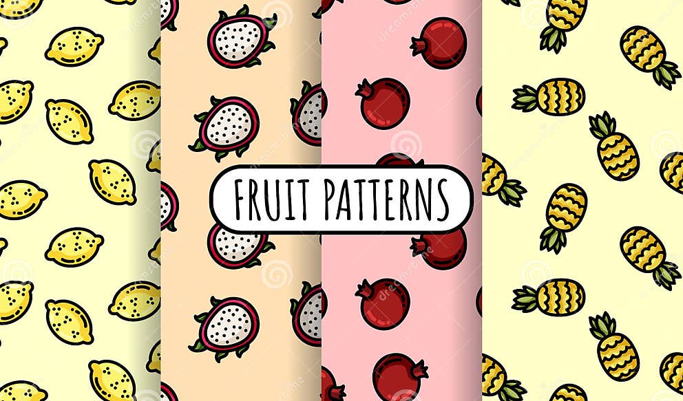 Set of Colorful Fruit Seamless Patterns. Flat Design Collection of ...
