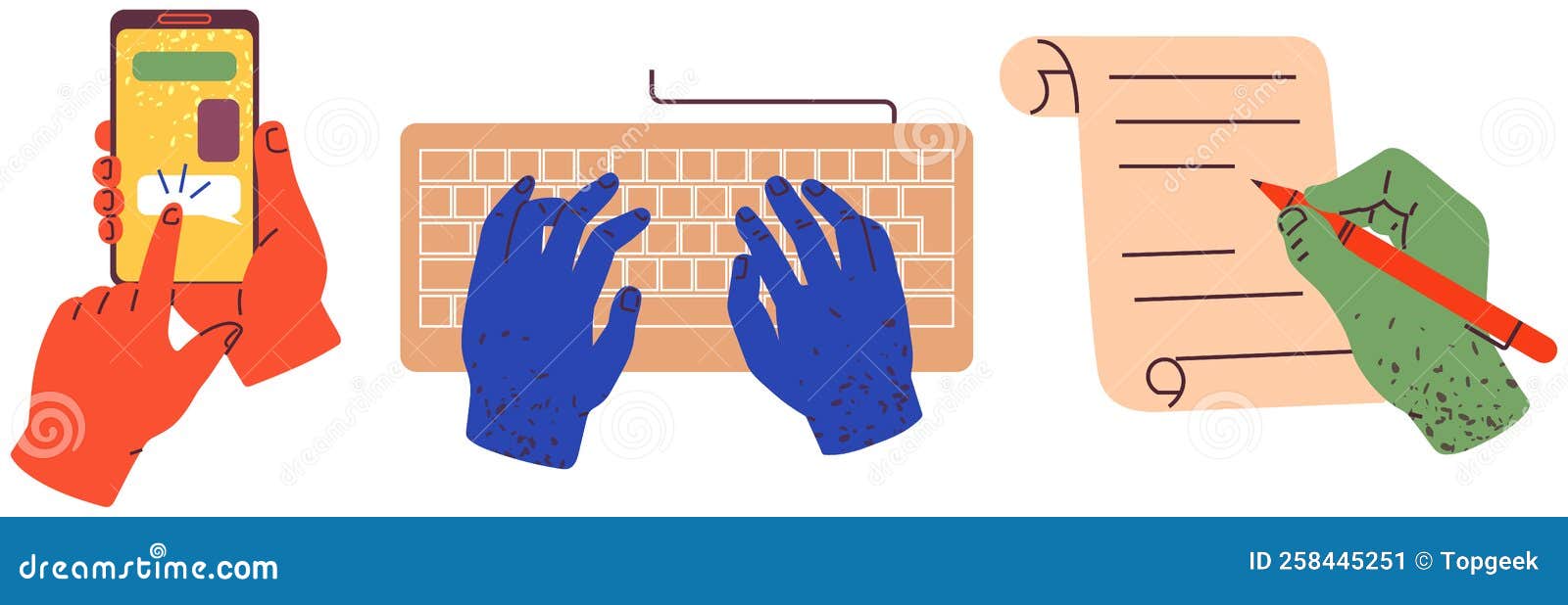 Set of Colorful Hands Holding Objects for Communication. Mailing ...